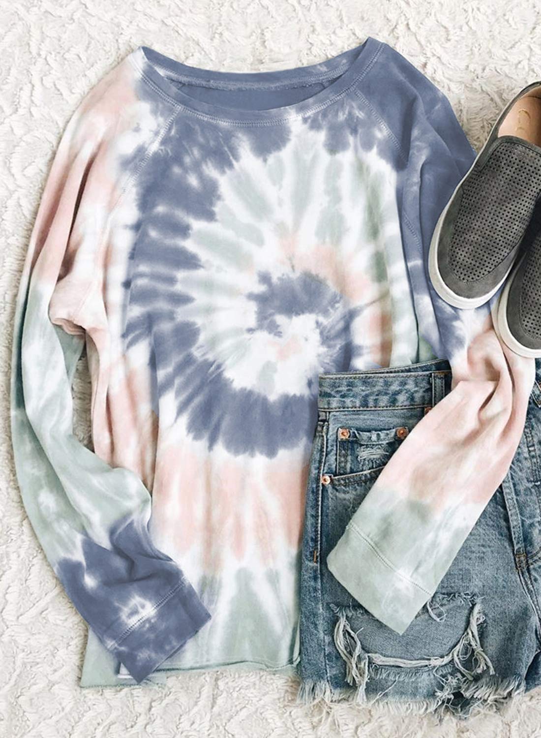 LANREMON Women's Tie Dye Sweatshirts Casual Crewneck Long Sleeve Tops Color Block Pullover Shirts multi S