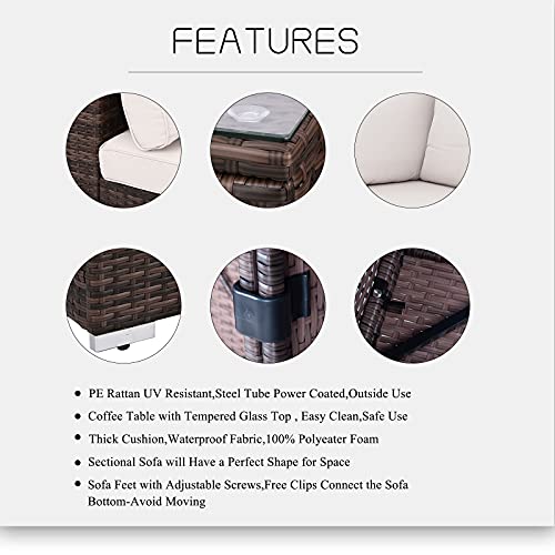 Polar Aurora 7 Pieces Outdoor Patio Sofa Set PE Rattan Wicker Sectional Furniture Outside Couch w/Washable Seat Cushions & Modern Glass Coffee Table