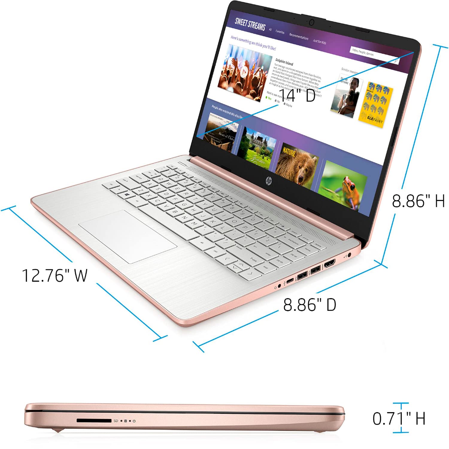 HP 2021 Newest Premium 14-inch HD Laptop, Intel Dual-Core Processor Up to 2.8GHz, 8GB RAM, 320GB Storage(64GB eMMC+256GB Micro SD), Rose Gold, Windows 11 with 1 Year Microsoft 365