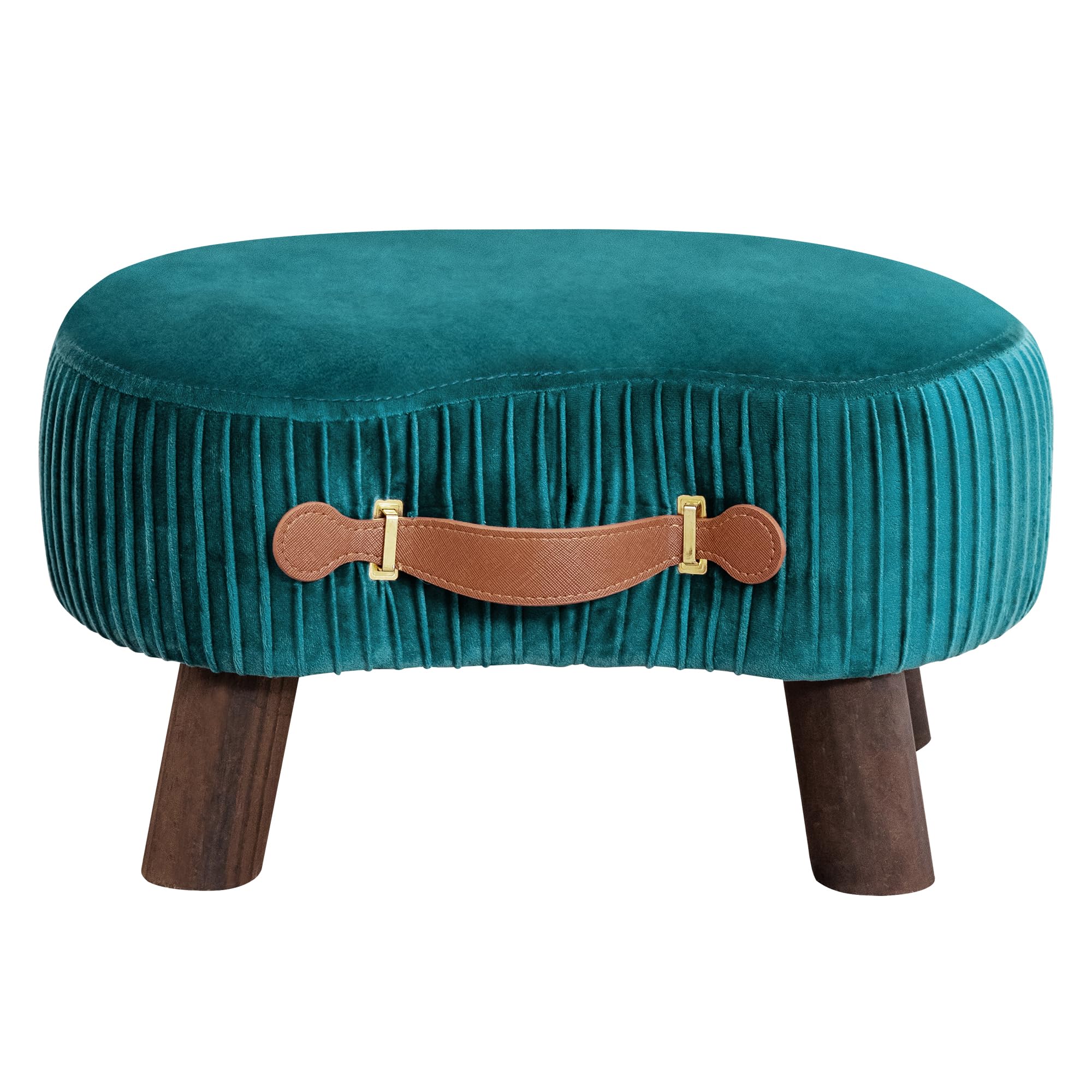 LUE BONA Small Curved Foot Stool with Handle, Velvet Footstool and Ottomans, Modern Foot Rest with Wooden Legs, Step Stool with Padded Seat for Couch, Living Room, Teal