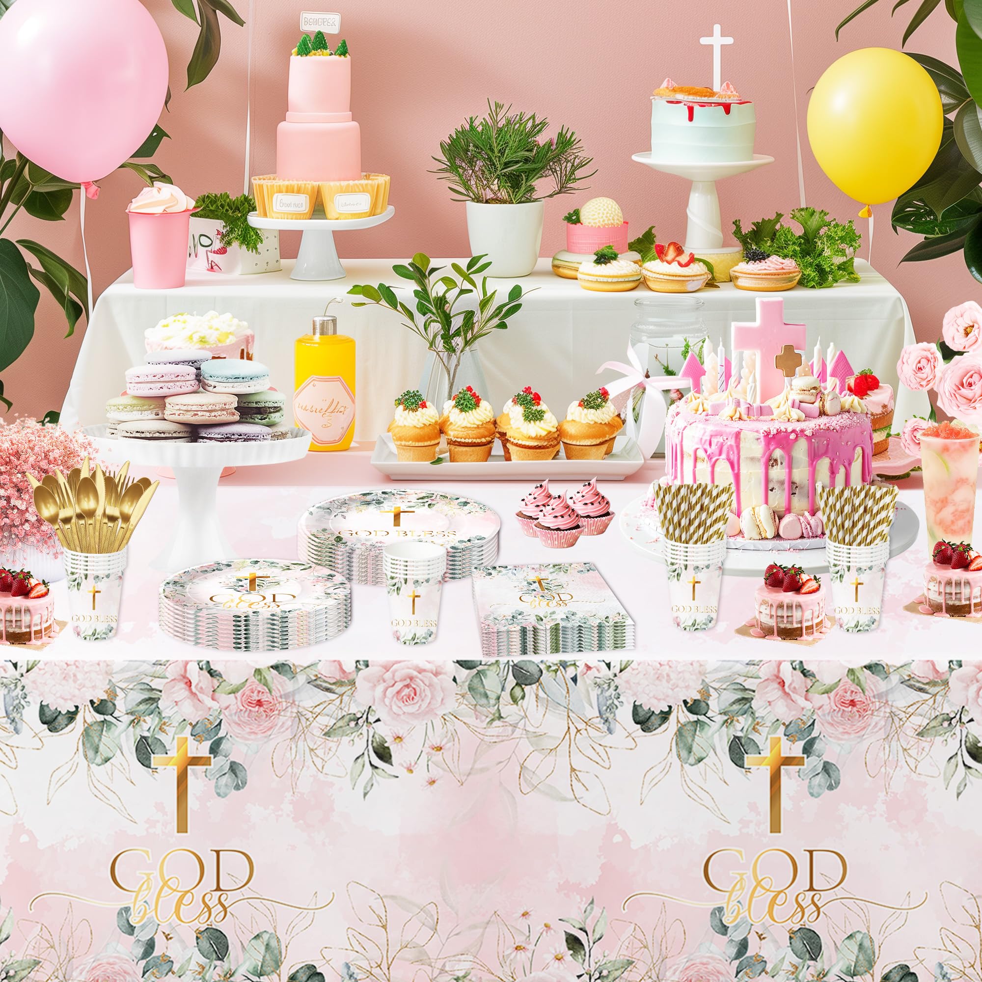 Suhelkit God Bless Baptism Decorations Tableware Girl - First Communion Decorations Supplies, Plate, Cup, Napkin, Fork, Baptism Plates And Napkins Set For Christening Baby Shower Religious | Serve 24