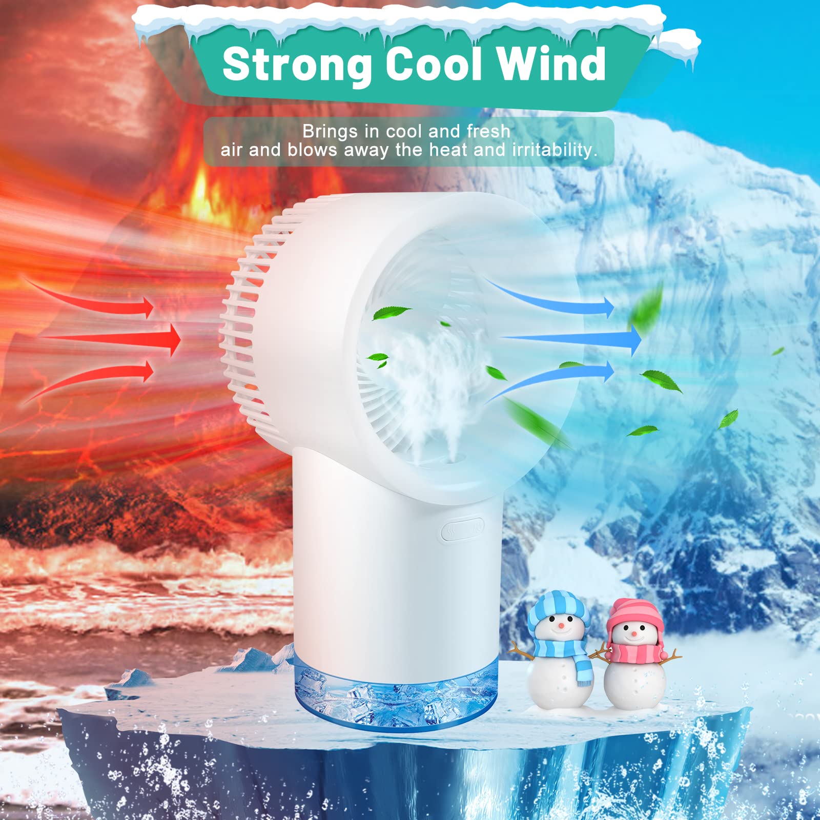 Portable Air Conditioners, Evaporative USB Rechargeable Personal Air Cooler, Cordless 3 in 1 Mini AC Desktop Spray Fan, Quiet 3 Speed Air Cooler Humidifier with Blue Night Light for Home / Camping / Desk
