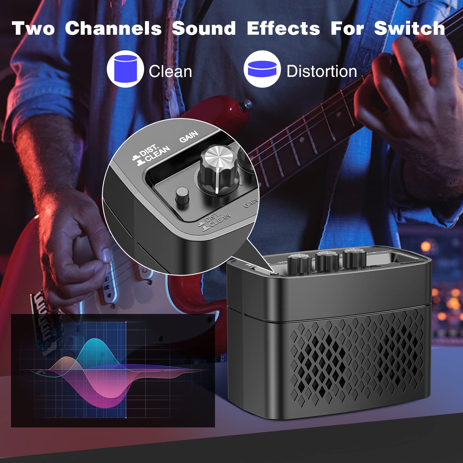 POGOLAB Mini Guitar Amp, 5W Small Portable Electric Guitar Amplifier, Clean & Distortion Effects 2 Channels, Rechargeable Bluetooth Speaker with Headphone Jack, for Daily Guitar Practice (Black)