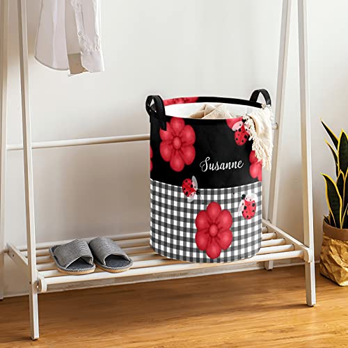 Red Flower Ladybird Checker Personalized Laundry Basket ,Custom Foldable Storage Bins Laundry Hamper for Nursery Pet Toys Clothes
