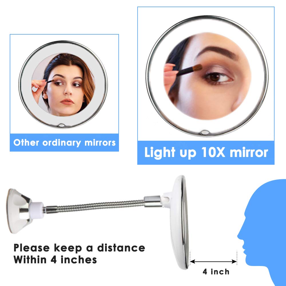 Magnifying Makeup Mirror Flexible Gooseneck LED Lighted with with Strong Suction Cup, Bright Diffused Light and 360 Degree Rotation Portable Cordless for Travel and Home Round Shape Makeup Mirror