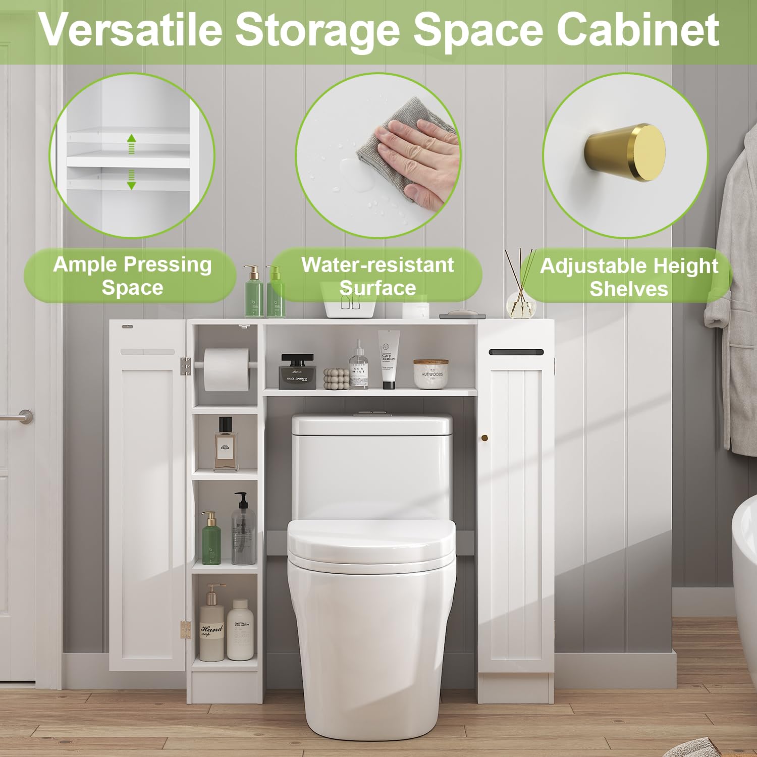 Short Over the Toilet Storage Cabinet β Freestanding Bathroom Space Saver with Adjustable Shelves, Toilet Paper Holder & Anti-Tip Design - Bathroom Organizer for Extra Storage, for Renters, Families