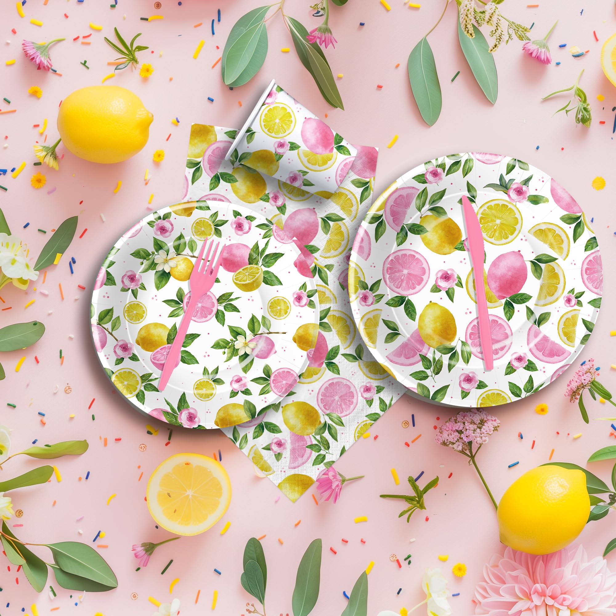 Suhelkit Lemon Party Decorations Tableware For Girls - Lemon Birthday Party Supplies, Plate, Napkin, Cup, Cutlery, Summer Pink Lemon Baby Shower Bridal Shower Table Decorations Dinnerware | 24 Guests