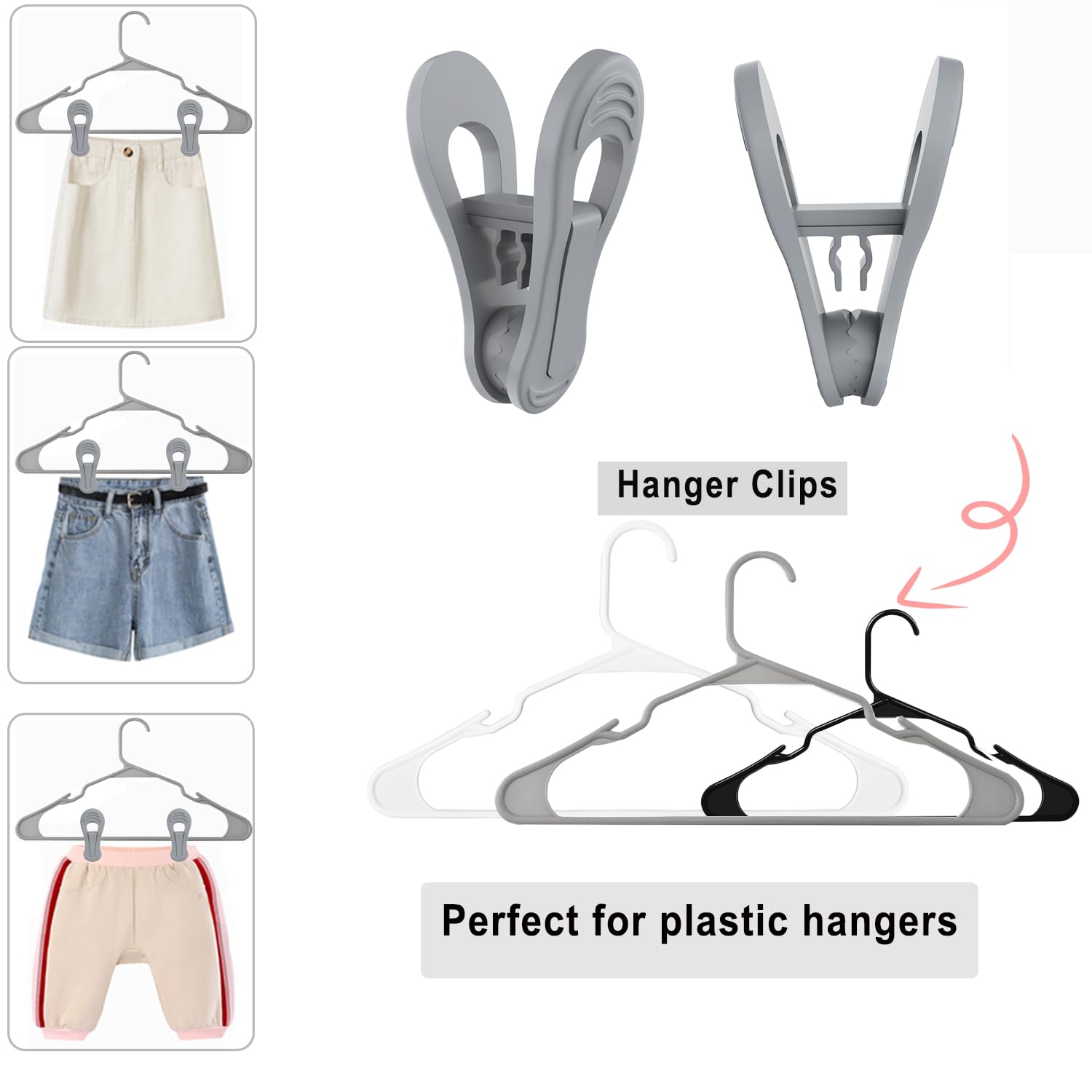 TOFIIGREM Grey Hanger Clips 50 Pack, Multi-Purpose Plastic Clips Easily Add on Plastic Clothes Hangers Velvet Hanger