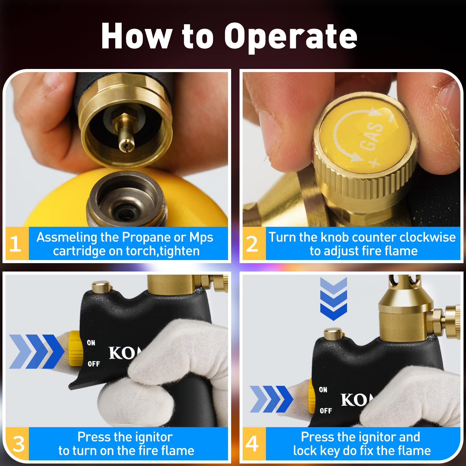 KOMAN Propane Torch Head Kit with 3 Nozzles, High Intensity Trigger Start MAPP Gas Torch with Self Ignition, Welding Torch Head by MAPP, MAP/PRO,for Soldering,Brazing,Stripping Paint(CSA Certified)