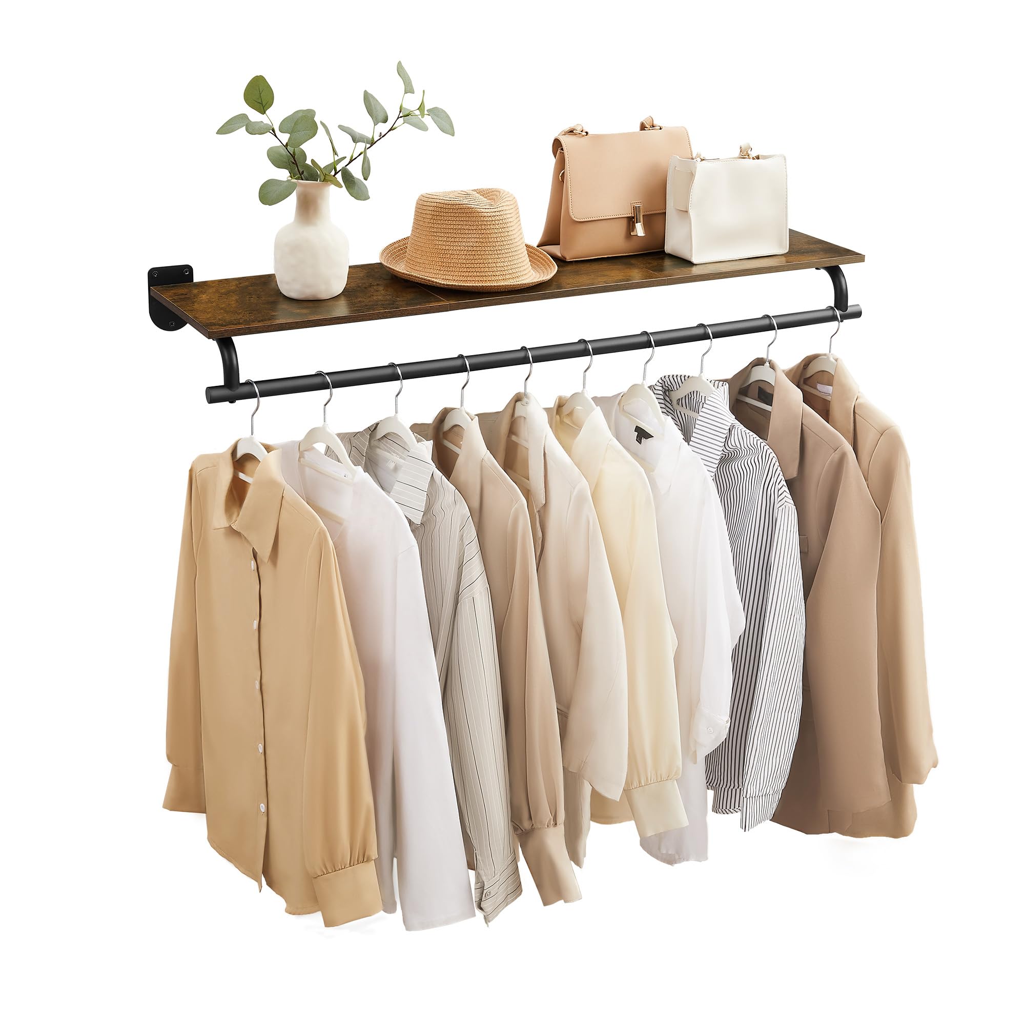 SONGMICS Clothes Rack with Top Shelf, Wall Mounted Clothing Rack, with Hanging Rod, Loads up to 132 lb, 11 x 42.9 x 5.2 Inches, Entryway, Bedroom, Closet, Rustic Brown and Ink Black UHSR135B01