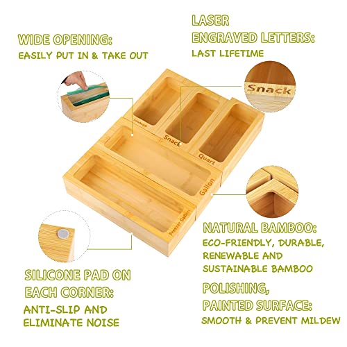 LIBWYS Bamboo Storage Bag Organizer Compatible with Ziploc, Solimo, Glad, Hefty for Gallon, Quart, Sandwich, Snack & Freezer Gallon Variety Size Bag Holder Kitchen Drawer Dispenser