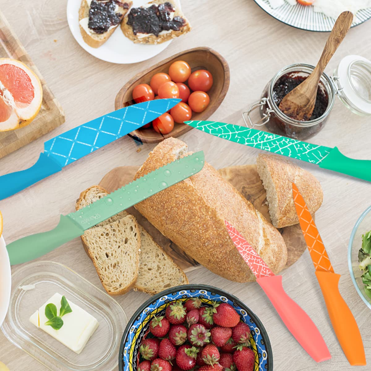Mosheng Knife Set,5 Piece Colorful Knife Sets with Unique Non Stick Coating Surface,Stainless Steel Knives Set with Covers,Kitchen Knife Box Set,Chef Knife,Santoku Knife,Utility and Paring Knife