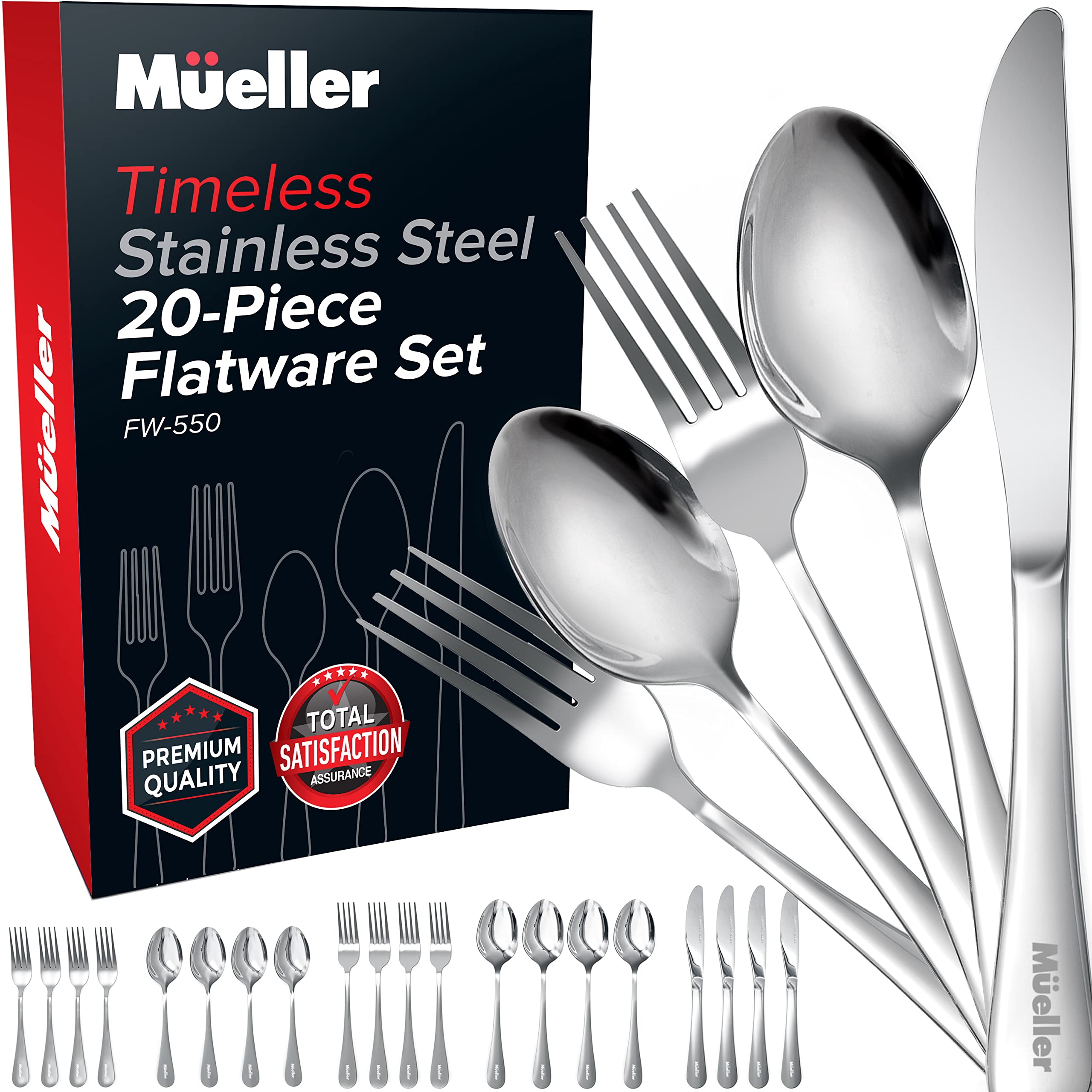 Mueller Flatware Set, 20-Piece Stainless Steel Silverware Set - Cutlery Set Service for 4 - Spoon, Knife, Fork, Salad Fork, Teaspoon - Dishwasher Safe