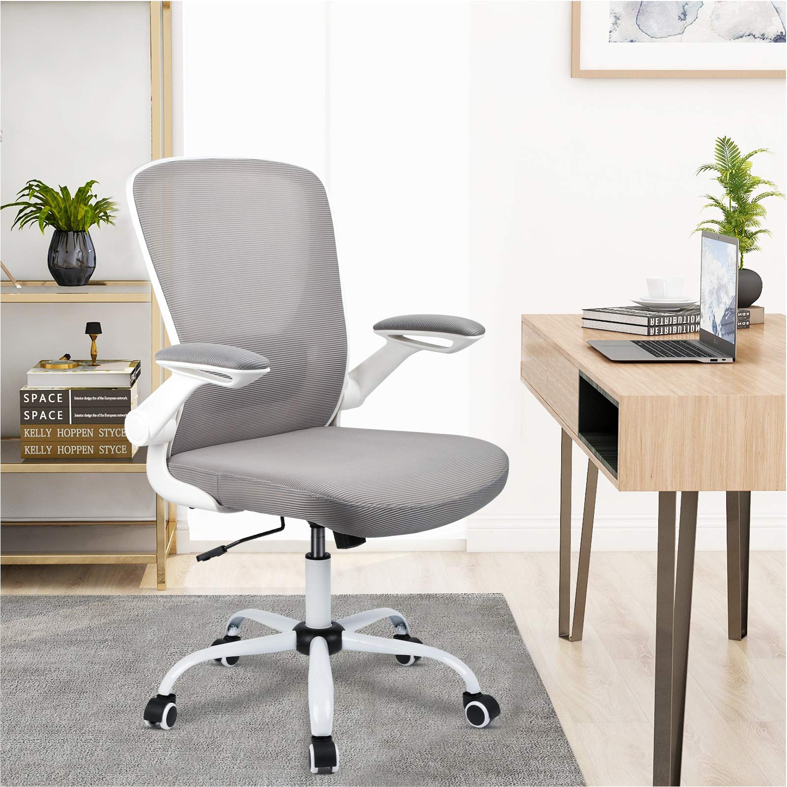 Komene Ergonomic Office Chair Mesh Computer Chair Swivel Recliner Chair with Lumbar Support and Flip-up Arms, Mid Back Adjustable Seat Height (g)