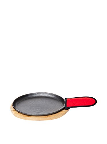 Old Mountain Pre-Seasoned Cast Iron Mid Size Fajita Plate Set, 12.25-inch L X 6.25-inch W, Wood Base and Cotton Mitt