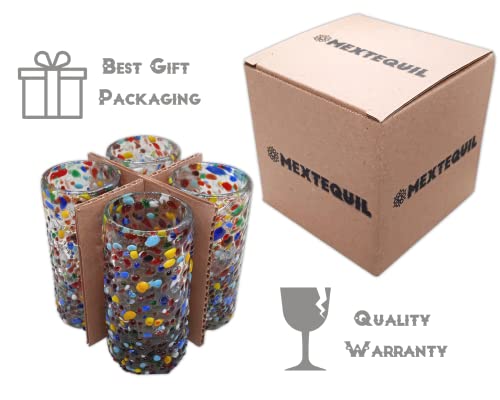 MEXTEQUIL - Authentic Mexican Tequila Shot Glasses - Tequila Set of shot glasses - 4 pcs - 2 Oz - Mexican Hand Blown Shot Glass (Confetti)