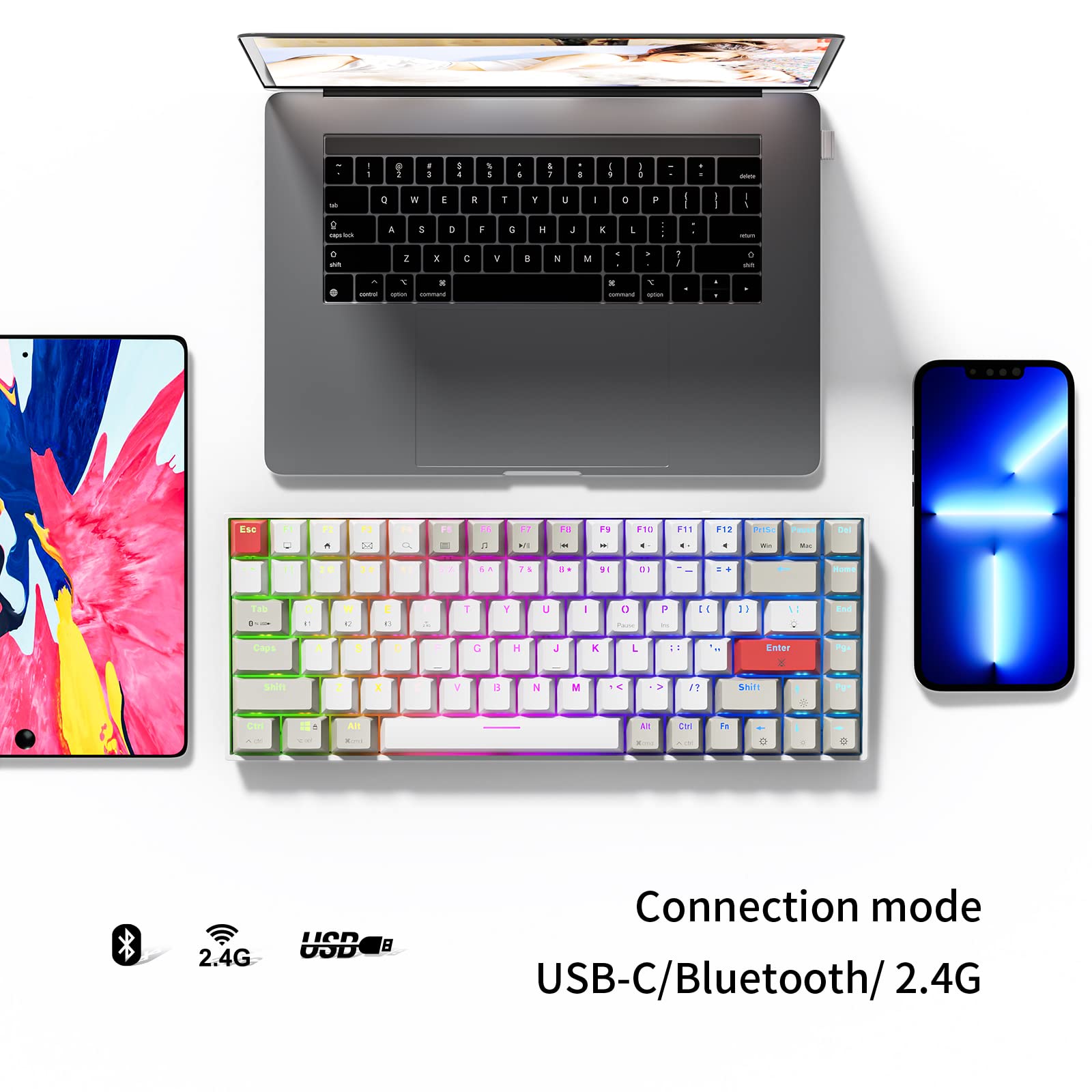 Newmen GM840 75% Gaming Keyboard,Wired/Bluetooth/2.4G Hot swappable Anti-Ghosting 84 Keys Mechanical Gaming Keyboard with RGB Backlit,for Windows Mac and Android (Brown)