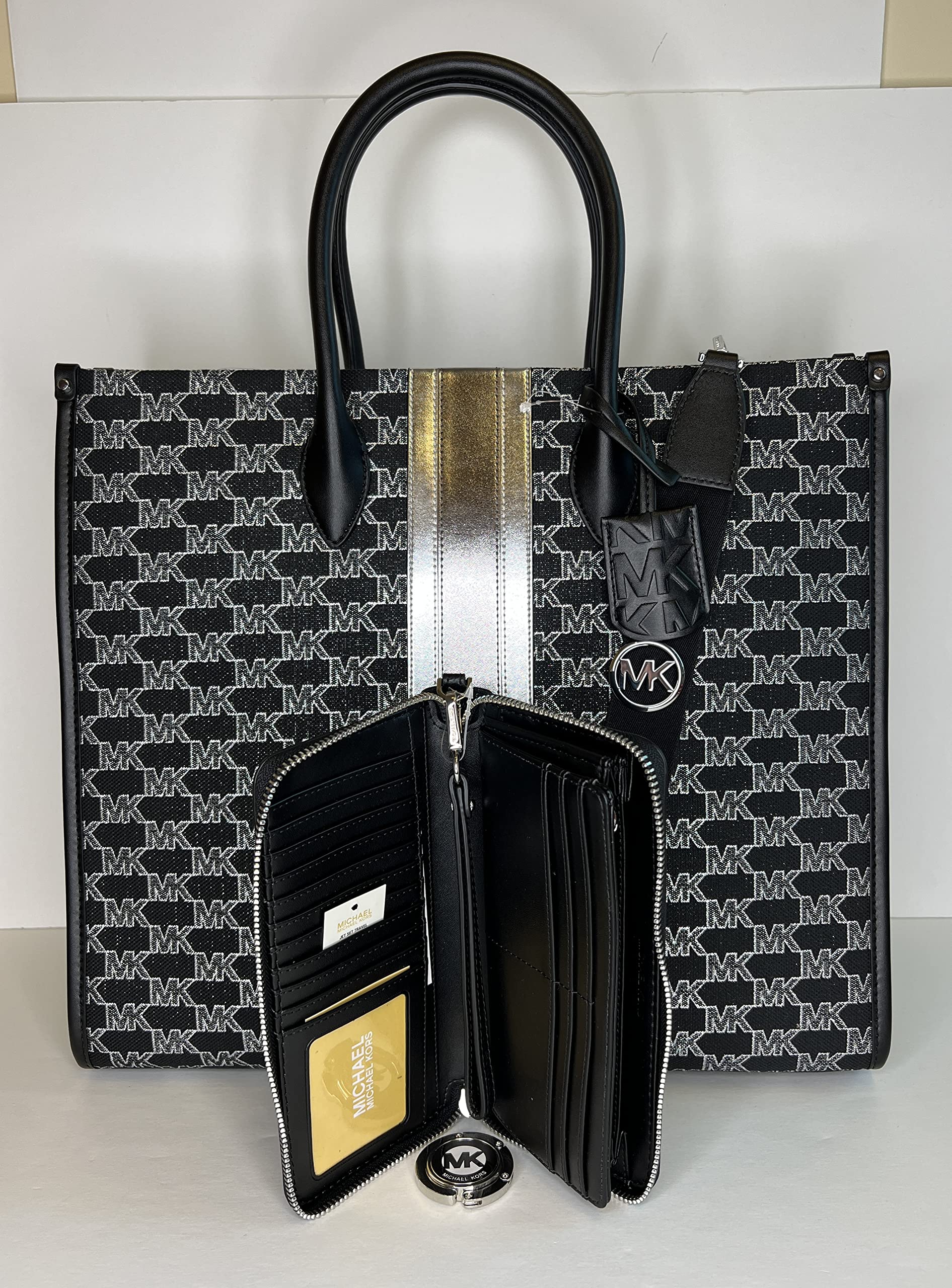 Michael Kors Mirella Large Striped Logo Jacquard Tote Bag bundled with Large Continental Wallet and Purse Hook (Black Multi)