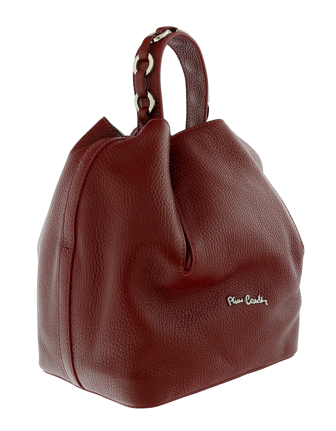 Pierre Cardin Burgundy Leather Curb Chain Embellished Medium Bucket Bag for womens