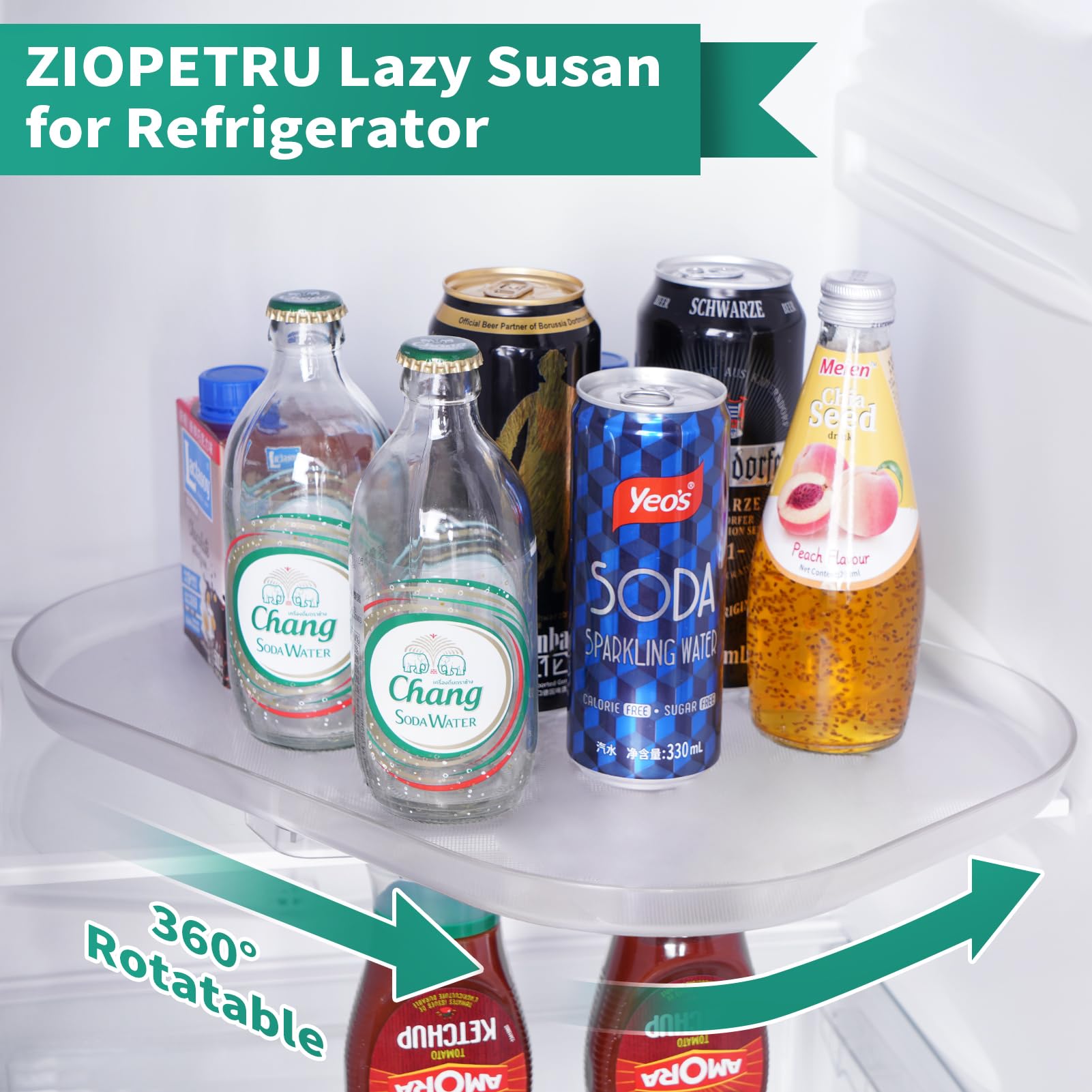 Large 360 Rotating Lazy Susan for Refrigerator Organizers and Storage, Clear 15.7'' Square Lazy Susan Turntable Organizer for Refrigerator, Spices, Fruit, Dining Table, Kitchen