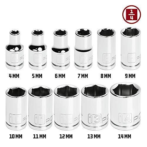 Powerbuilt 11 Piece Metric Shallow Socket Set, 1/4-Inch Drive, 6 Point, Dual Grease Rings, Size Markings - 640498
