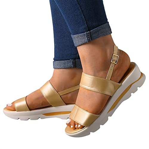 Platform Sandals Women Slip On Breathable Comfy Block Chunky Heeled Platform Sandals for Party Dating Daily Gold
