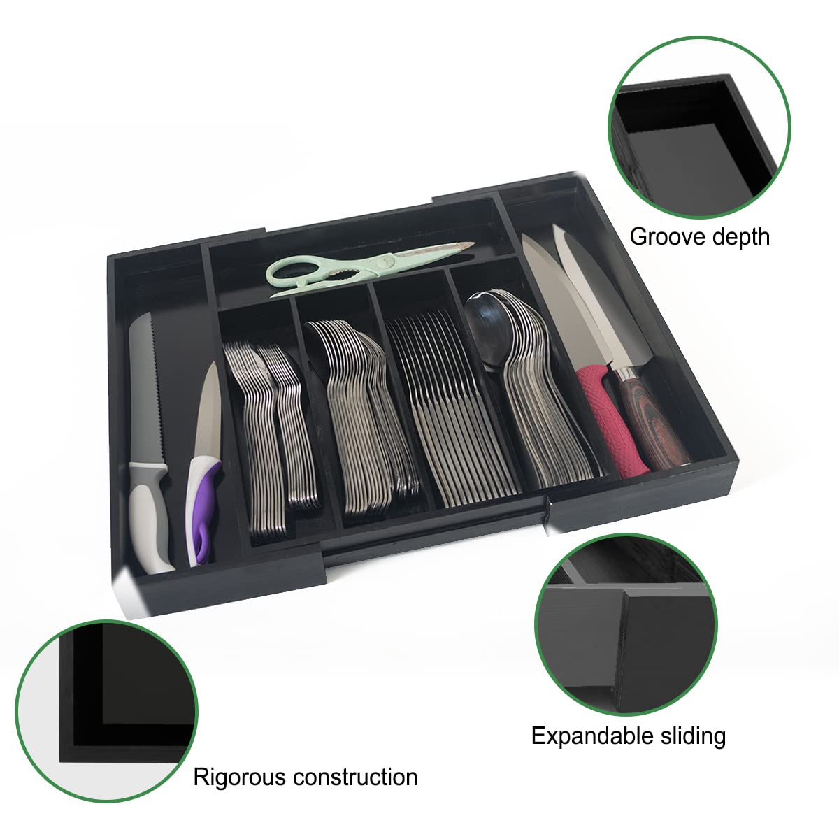 KMYC Silverware Utensil Organizer For Kitchen Drawers,Flatware Cutlery Collection Tray,Bamboo Kitchen Drawer Foldable And Expandable(Black)