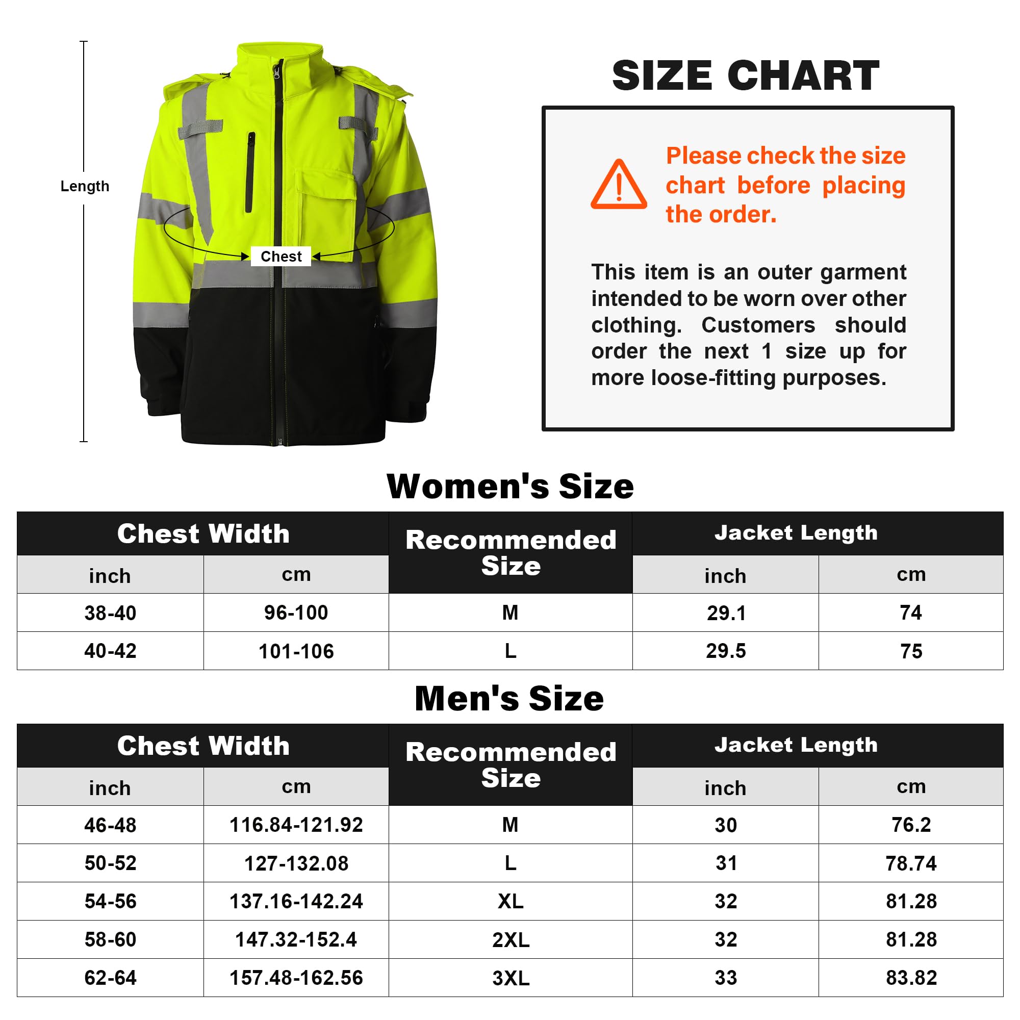 SHORFUNE High Visibility Softshell Waterproof Safety Jacket for Women, Class 3 Reflective Work Jackets with Pockets, Detachable Hood and Sleeves &Black Bottom, L, Yellow
