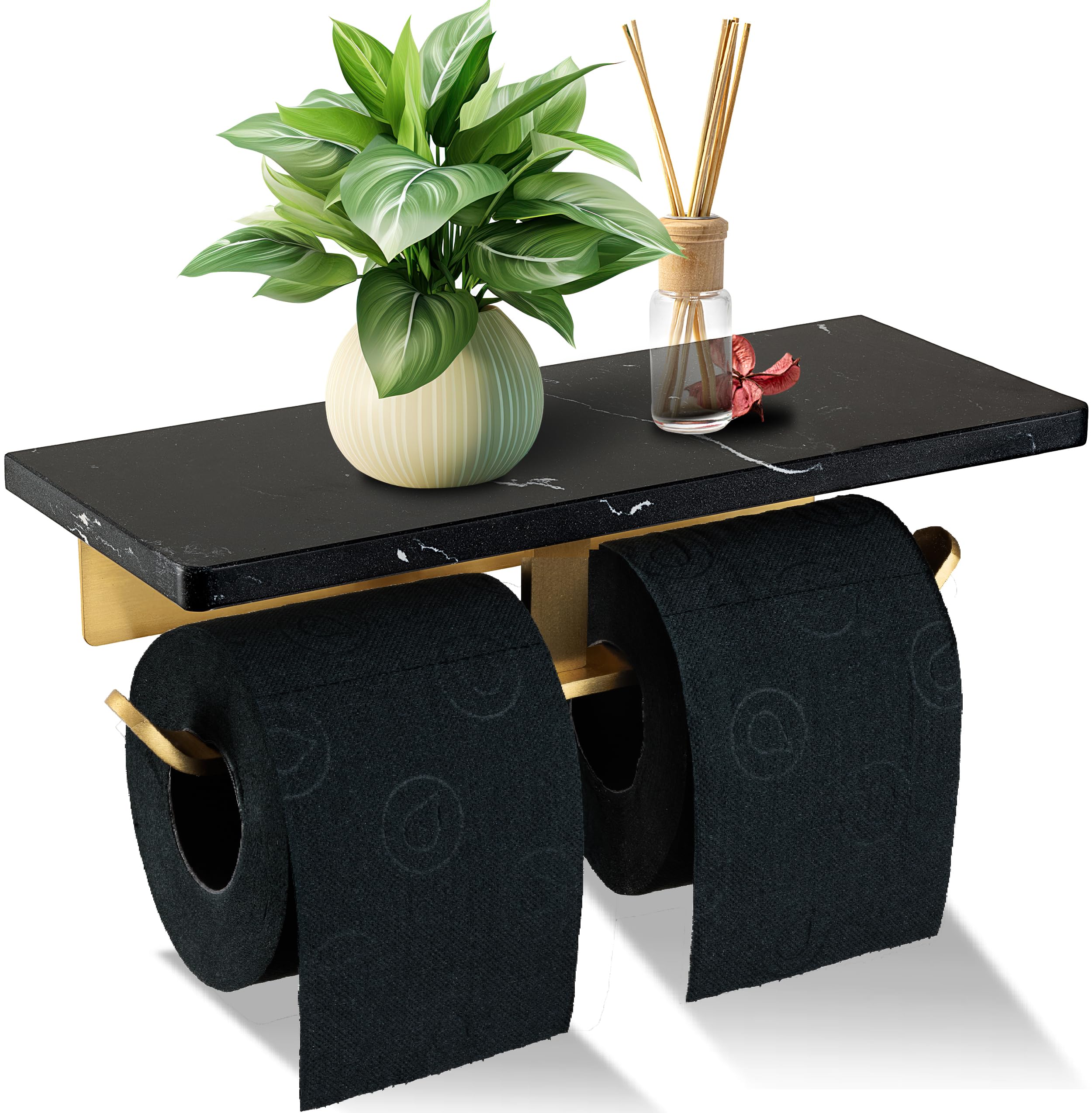 Toilet Paper Holder with Shelf (Natural Black Marble & Gold) - Wall Mounted Toilet Paper Storage, Easy to Install