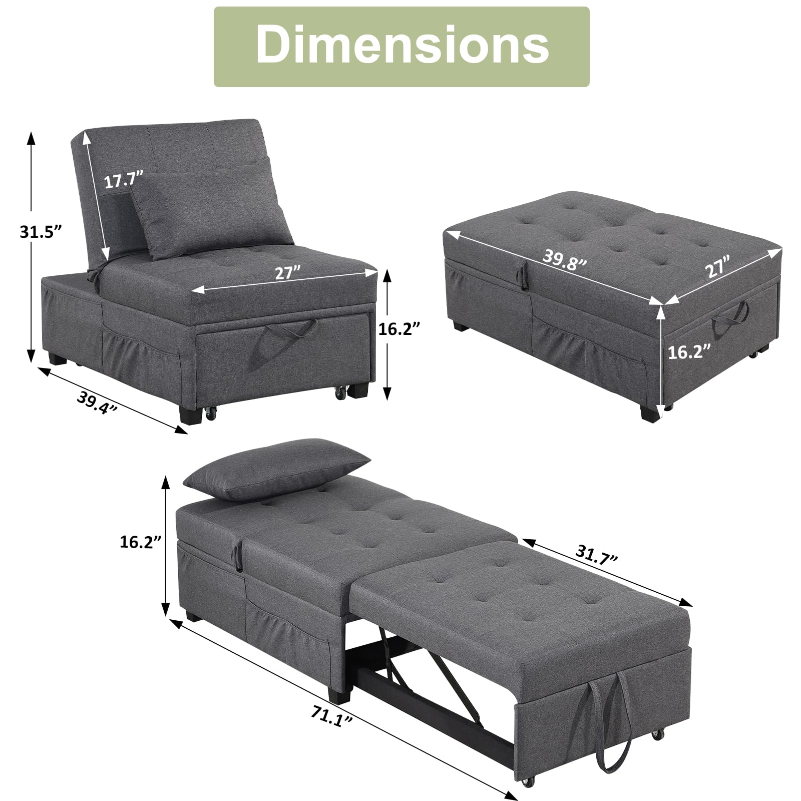 SENIFIS Sofa Bed Chair, 3-in-1 Convertible RV Sleeper Chair Bed with Adjustable Backrest & Pillow, Modern Faux Leather Pull Out Sofa Bed for RV, Small Space, Living Room, Office (PU Black)