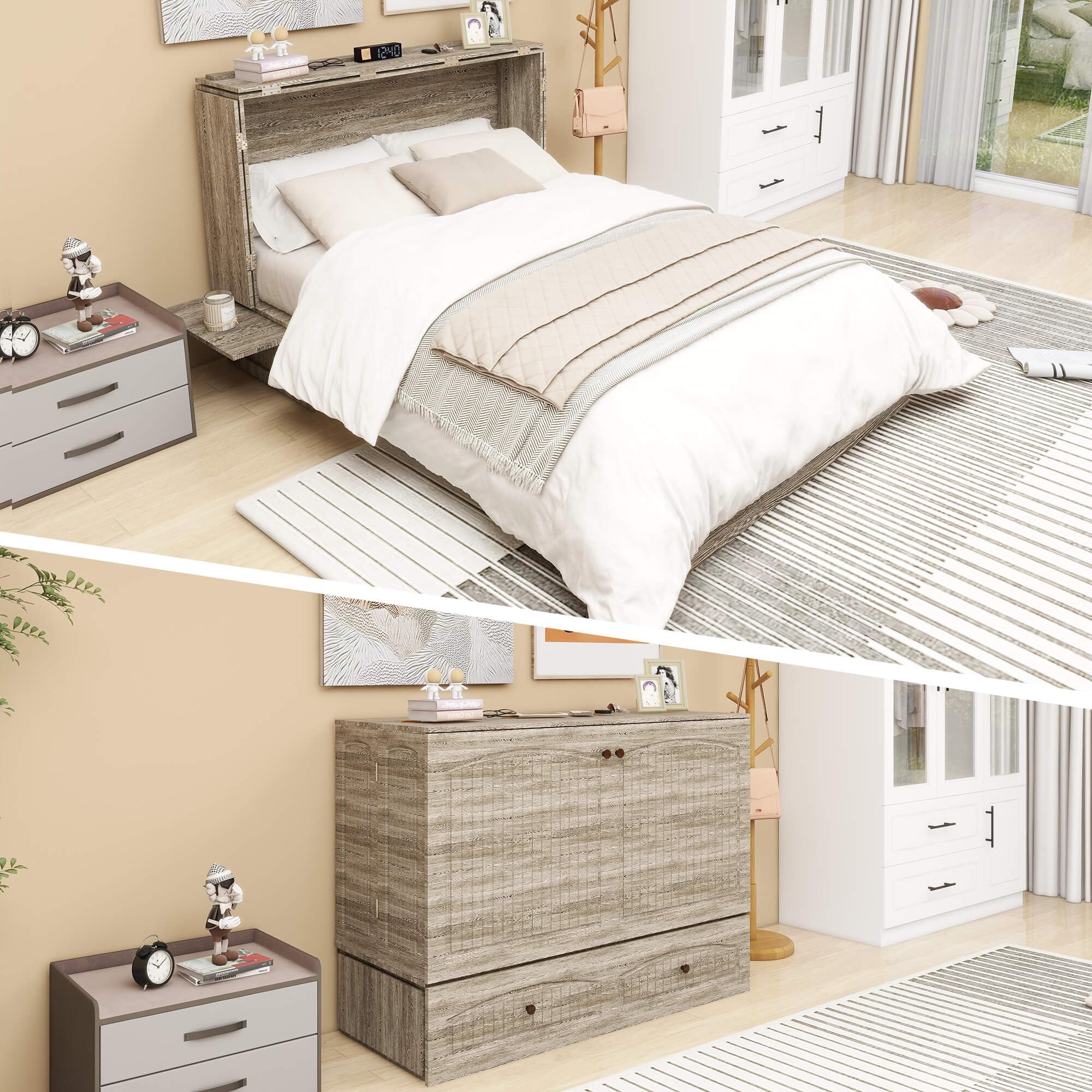 UrbEleg Murphy Bed Cabinet, Queen Murphy Bed with Drawer Includes Folding Mattress, Murphy Bed Cabinet with USB and Charging Port, Murphy Bed Queen Suit for Bedroom, Reddish-Brown Cabinet Bed, Bed