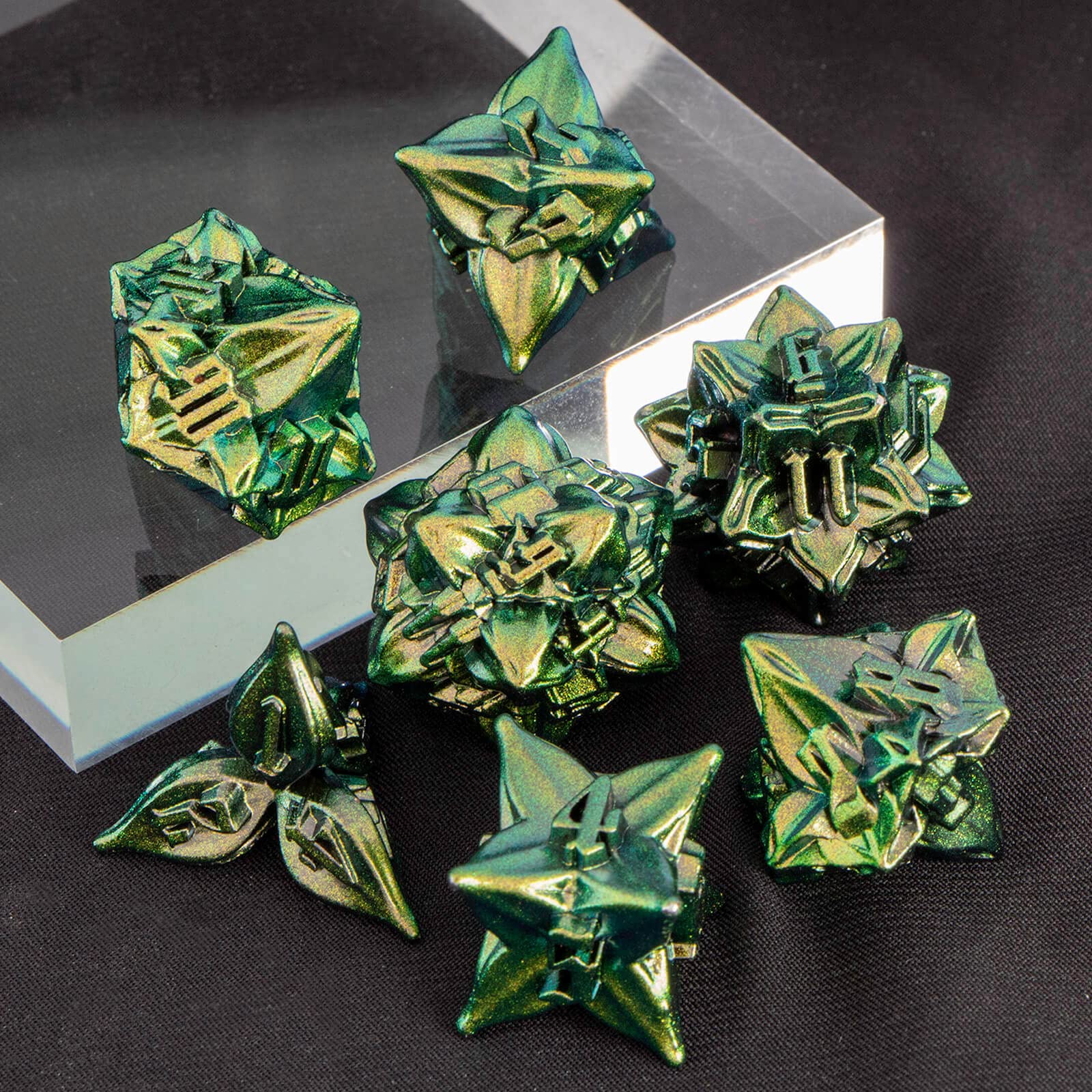 OUKELANWO DND Dice Set, Leaf RPG Role Playing Dice with Box, Dungeons and Dragons Dice Set D&D, Green Purple Metal Polyhedral D and D Dice D20 D12 D10 D8 D6 D4