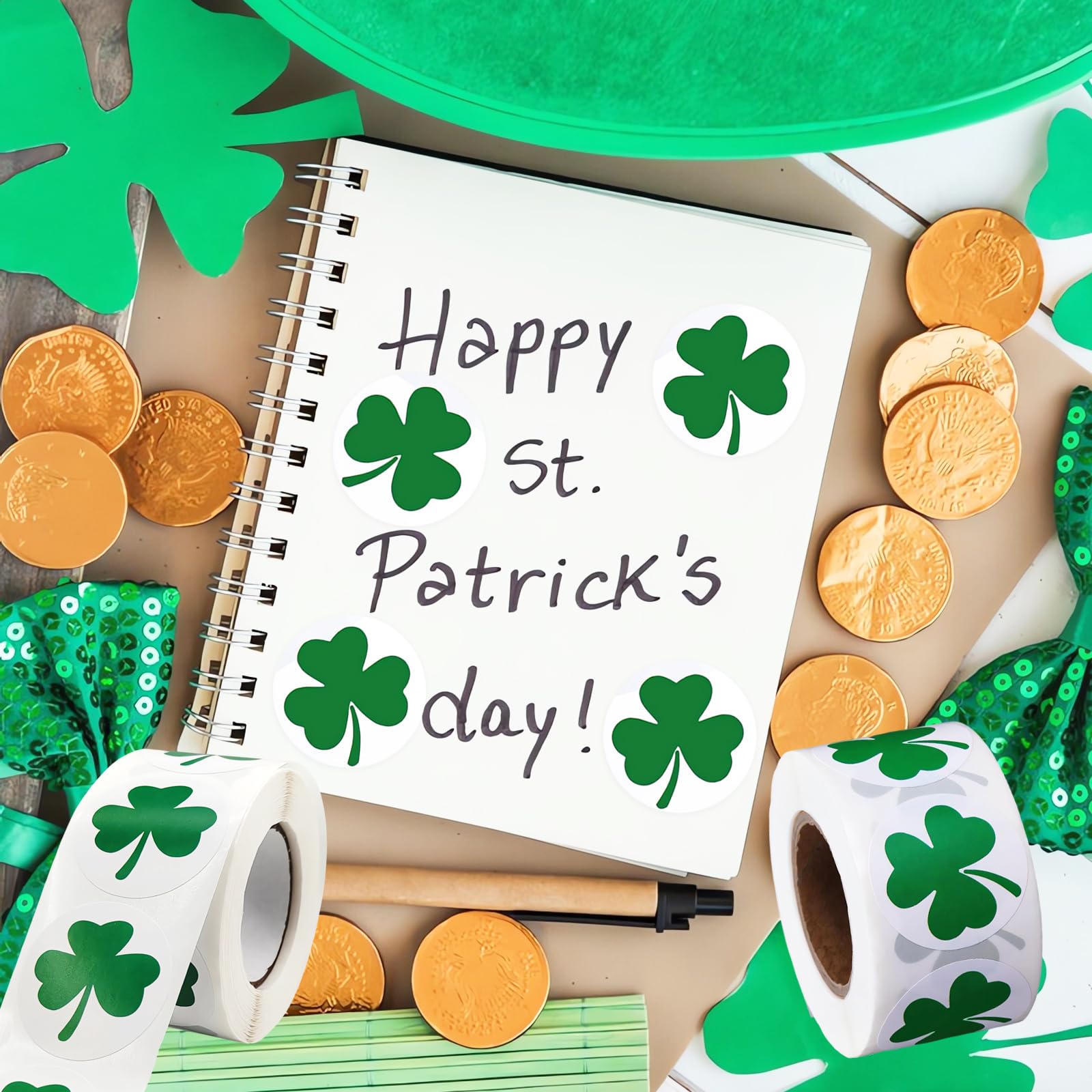 SOIDHSID Green 1.5 Inch Shamrock Stickers, 500pcs Waterproof Paper Decorations for St.Patrick's Day, Gift Box, Envelope, Card, Party