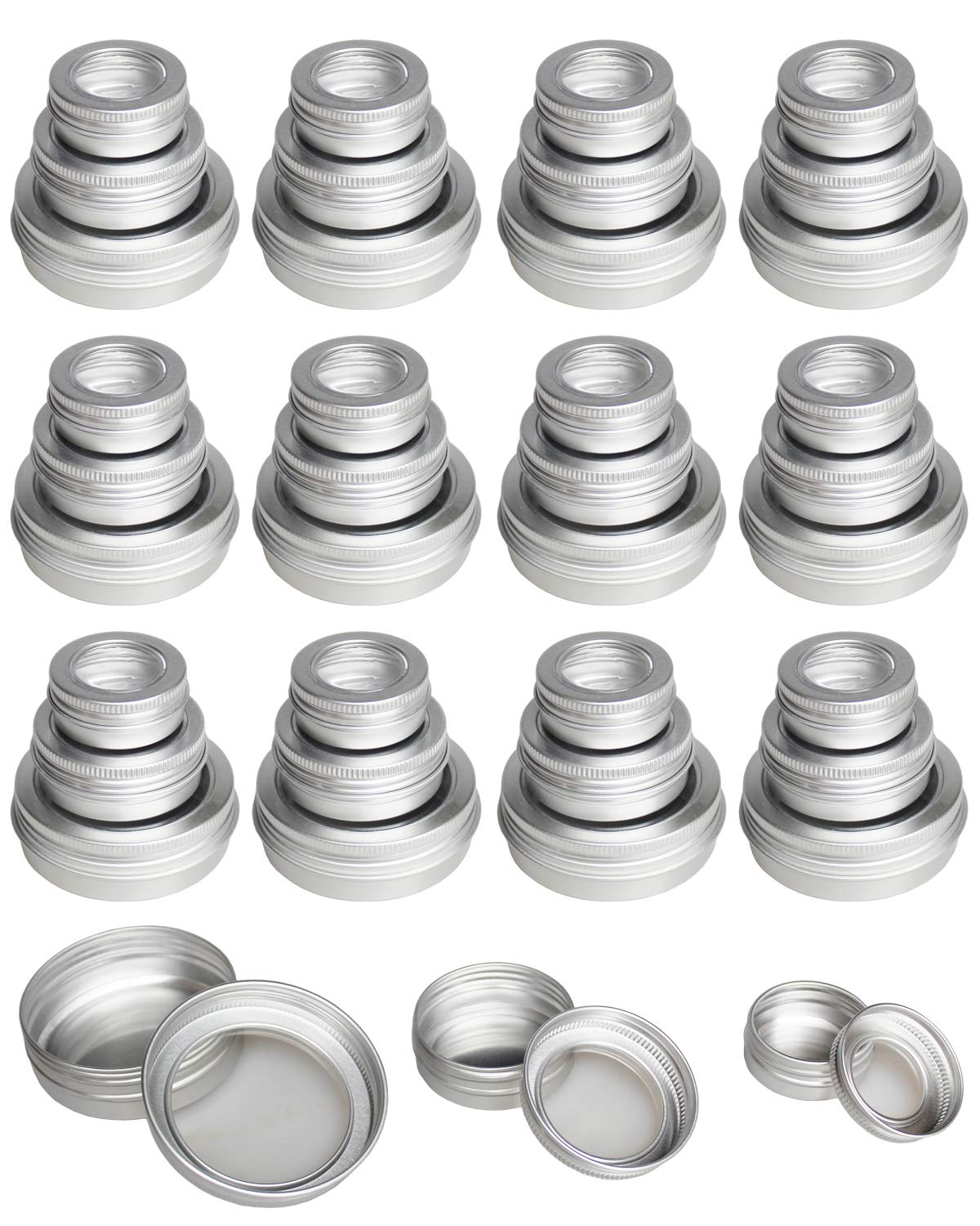 LJY 48 Pieces Round Metal Tins Empty Aluminum Cans Storage Containers Screw Lids with Clear Window, Mixed Sizes