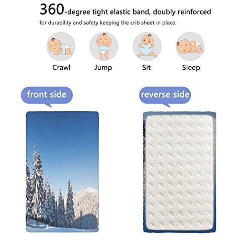 Snow Mountain Themed Fitted Crib Sheet,Standard Crib Mattress Fitted Sheet Soft Toddler Mattress Sheet Fitted-Crib Mattress Sheet or Toddler Bed Sheet,28โ x52โ,Sea Blue and Multicolor