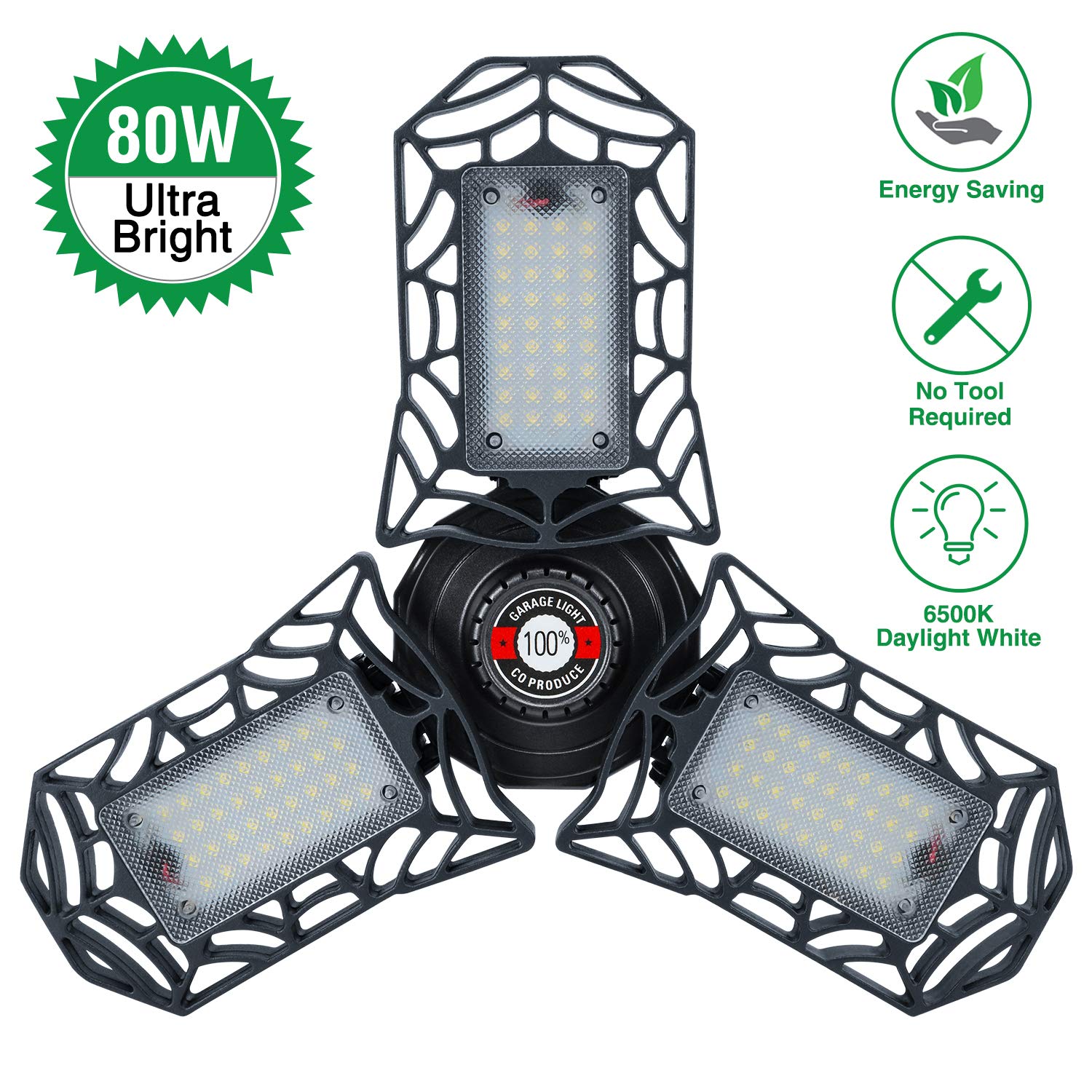 LED Garage Lights, 80W Deformable Garage Ceiling Light 8000LM E26 Basement Lights with 3 Adjustable LED Panels 270° – Fits for Garage, Warehouse, Barn, Workshop and Yard (NO Motion Activated)
