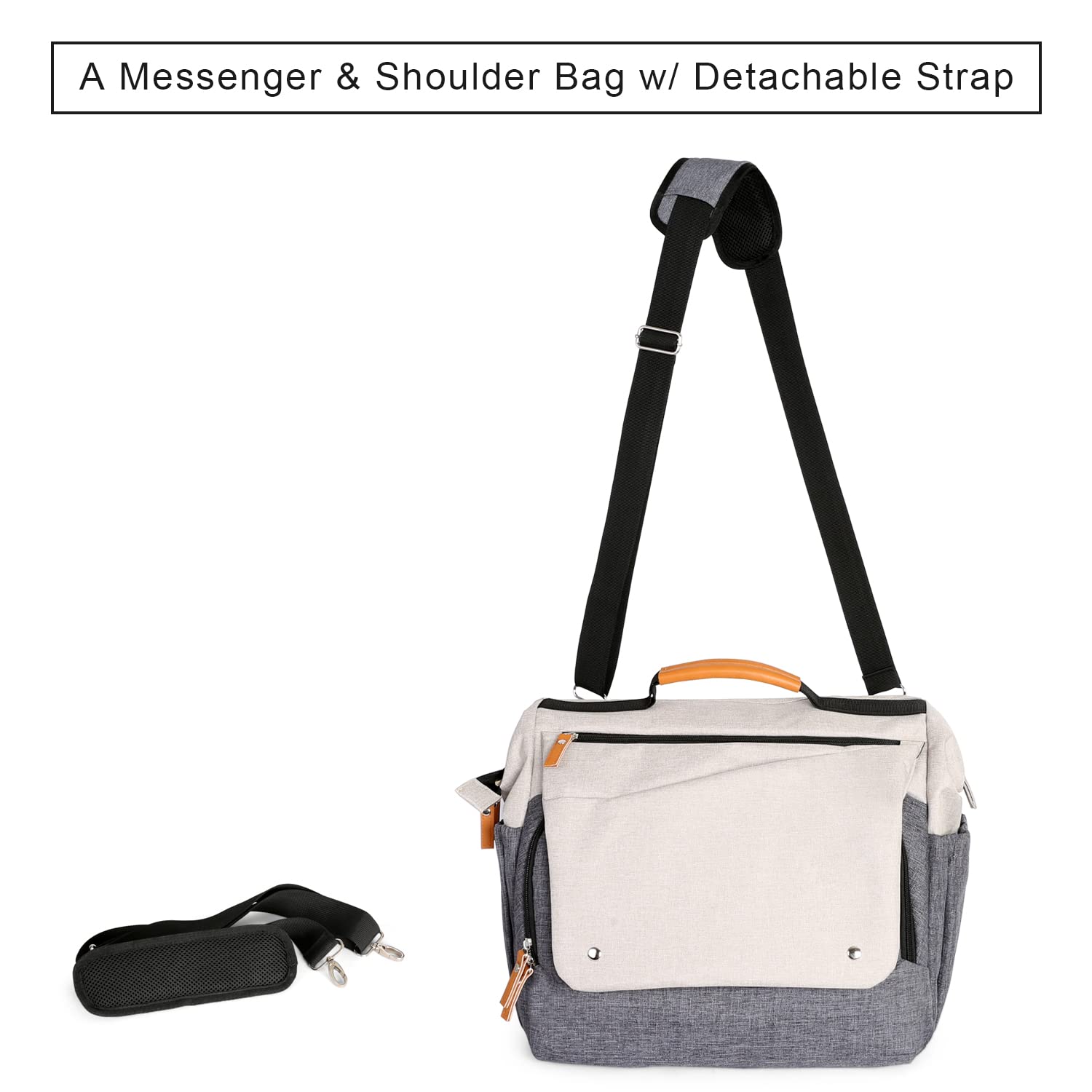 Large Diaper Bag w/Changing Pad, Messenger & Backpack Diaper Bag, Laptop Convertible Wide Open Mommy Bag, Waterproof w/Stroller Belts (Beige/Grey)