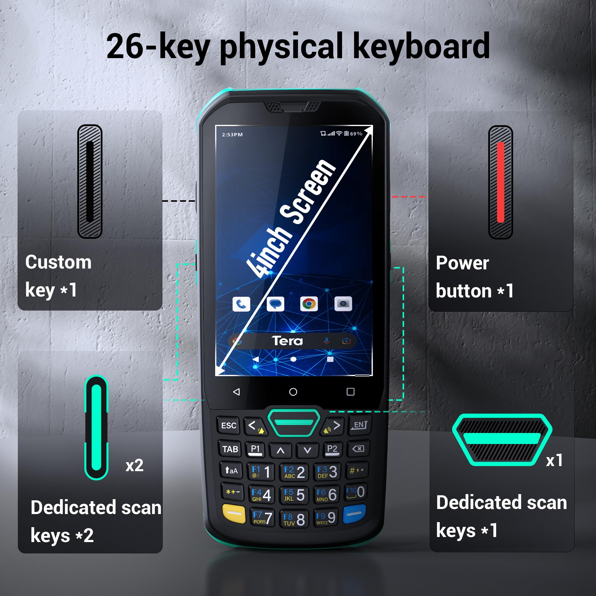 Tera Android 11 Barcode Scanner PDA: HS7 Scan Engine 26 Keys IP67 Rugged 4+64GB 5100 mAh Battery QC 3.0 Fast Charge 4β Touch Screen Mobile Terminal for Warehouse Inventory Scanner P400