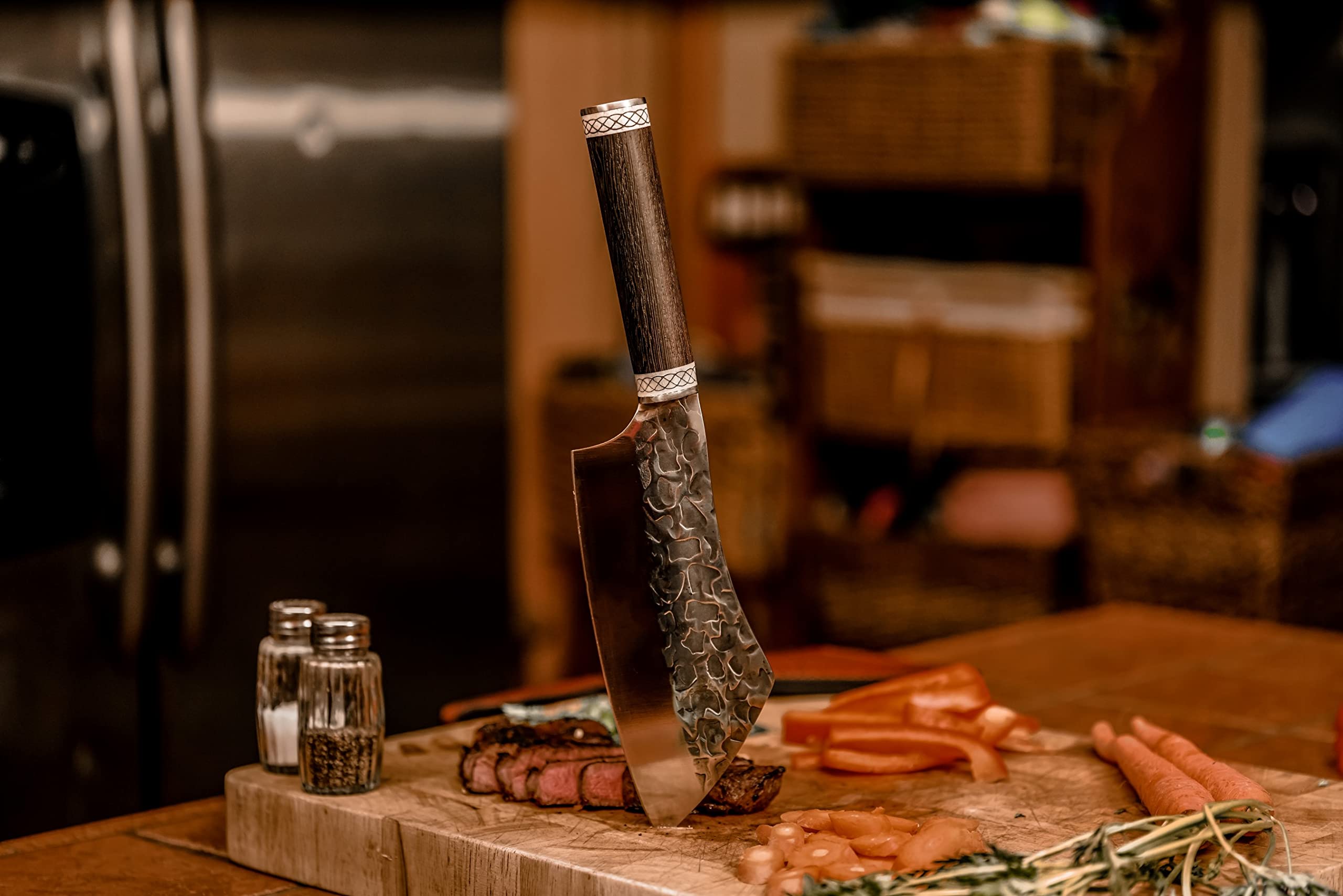 Norse Tradesman Chef & Cleaver Hybrid Knife - 7.5" Razor Sharp Kitchen Knife β Genuine Cowbone Accented Handle with Celtic Knot Engravings β Artisan Forged