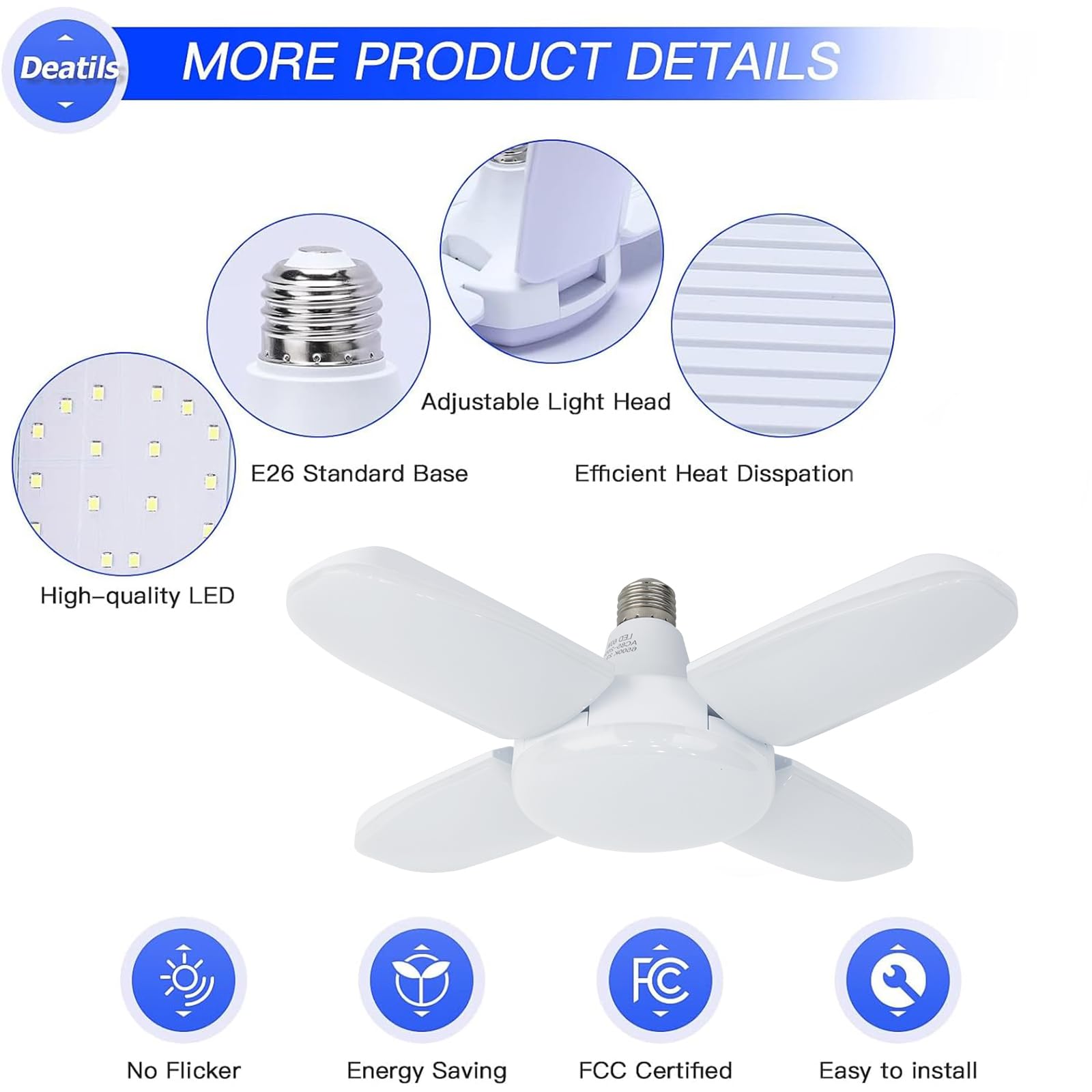 LED Garage Lights 80W Deformable Garage Lights LED Basement Lights with 3 Adjustable Panels 10000LM E26 Base 6000K Garage Ceiling Lights for Garage,Workshop,Warehouse,Laundry Room,Real Aluminum