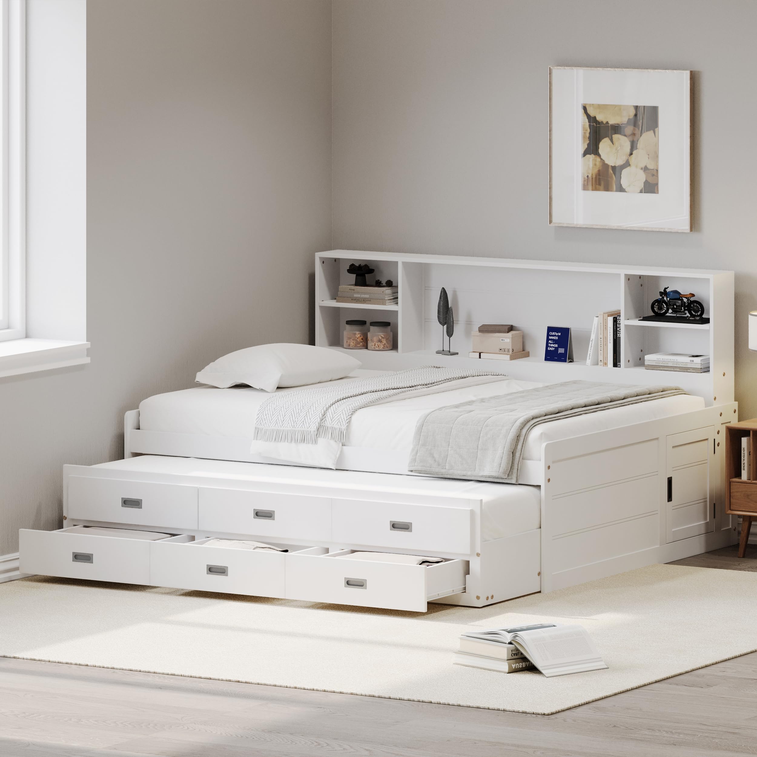 SOFTSEA Twin Size Daybed with Storage and Trundle, Twin Captain Bed with Bookcase Headboard and 3 Drawers, Wooden Daybed with Storage and Trundle Bed for Kids Teens Guests, White