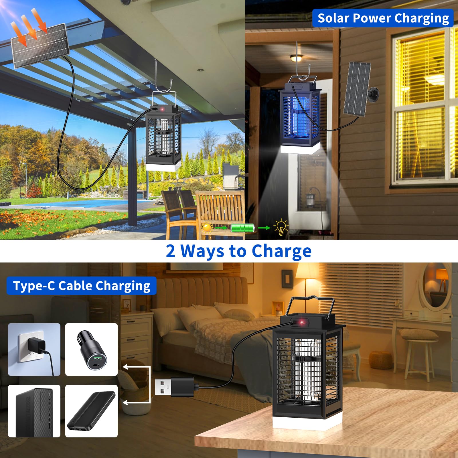 Solar Bug Zapper Outdoor 2024 Upgraded, Human Motion Sensor Mosquito Zapper, 4500V Rechargeable Fly Zapper, Electric Mosquito Killer with Light, 4 Modes Insect Zapper for Patio, Porch, Camping