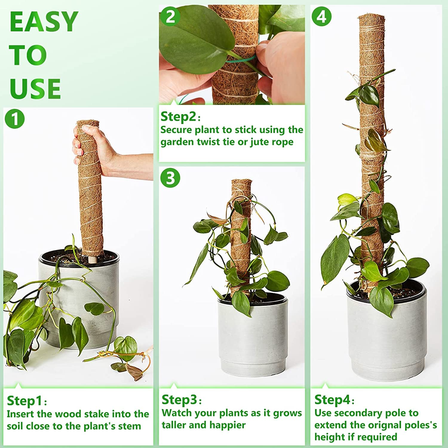Moss Pole 56 Inch, 4 Pcs Moss Pole Monstera Plant Support, 17.7 Inch Coir Totem Pole Moss Stick for Climbing Plants Indoor Monstera Extension, Train Potted Creepers to Grow Upwards, 65 Feet Twist Tie