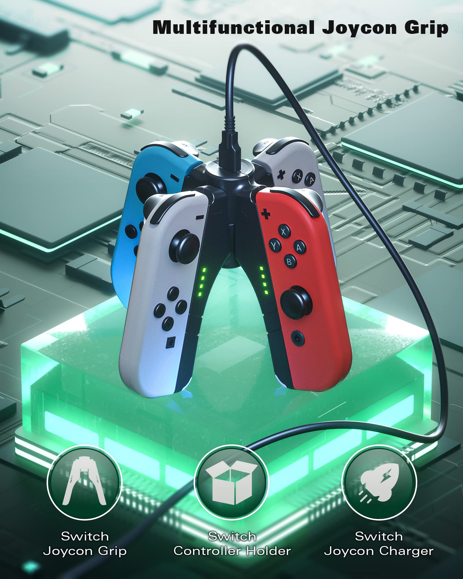 Narati Joycon Charging Grip for Nintendo Switch OLED, 4 in 1 Controller Charging Dock Station, 2 Portable V-Shaped Charger Grip with LED and 3rd Party JoyPad with Type C Cable & 4 Thumb Grip Caps