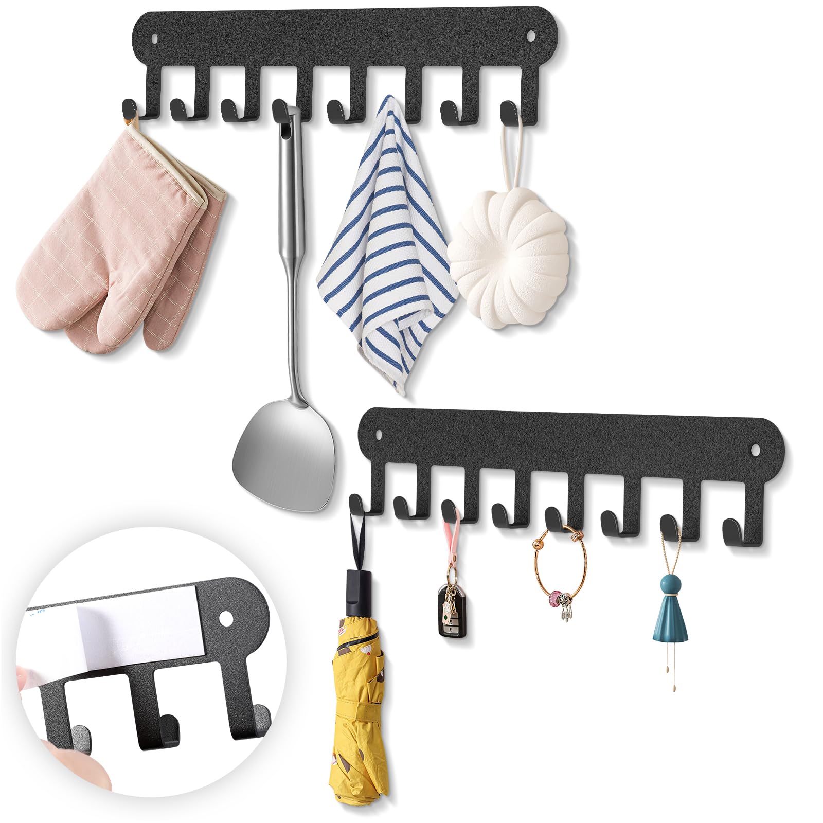 Suzurana 2 Pack Wall Mount Key Holder, Key Hanger Wall Mount with 8 Hooks, Adhesive Key Holder for Wall, Decorative Black Key Holder for Wall No Drill for Living Room, Kitchen, Bathroom