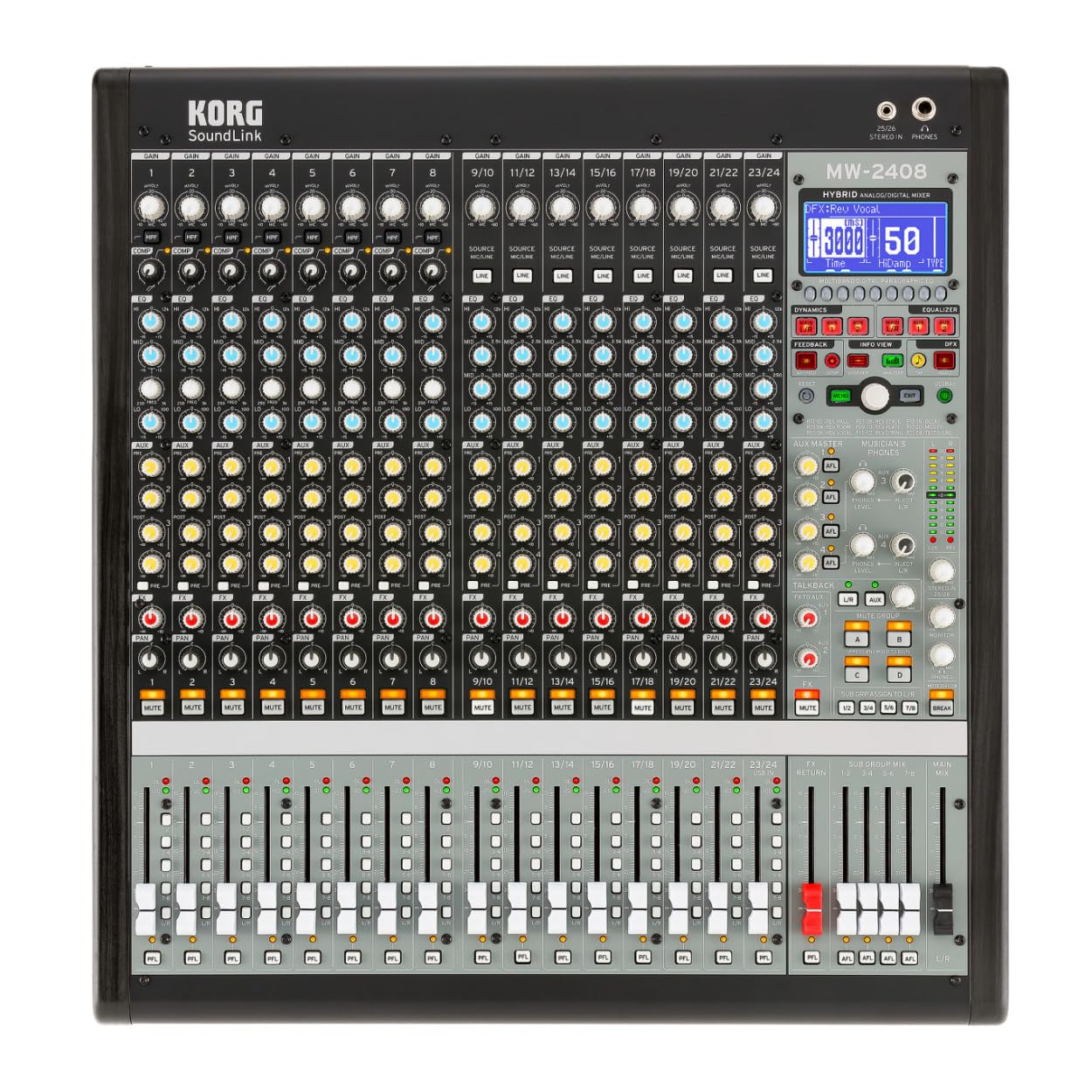 Korg SoundLink MW2408 24-Channel 8-Bus Hybrid Analog/Digital Mixer Bundle with Knox Gear Closed-Back Headphones, XLR Cables, and 1/4-Inch TRS Cables (6 Items)