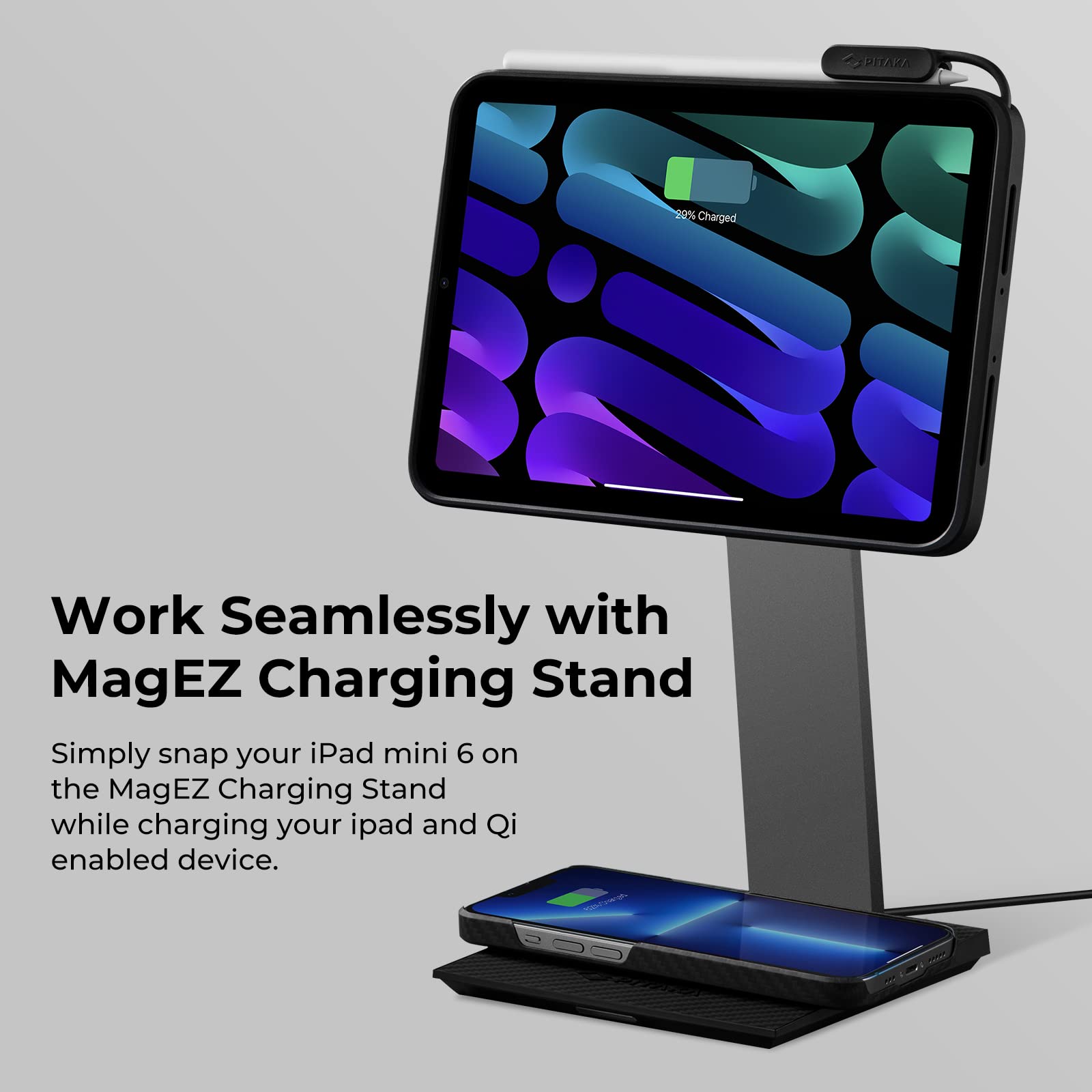 PITAKA iPad Mini 6 Case, Magnetic Wireless-Like Charging Case and Charger for 2021 iPad Mini 6 [MagEZ Case Pro] Protective Shockproof Case, Support Apple Pencil 2 Charging, 1500D Aramid Fiber