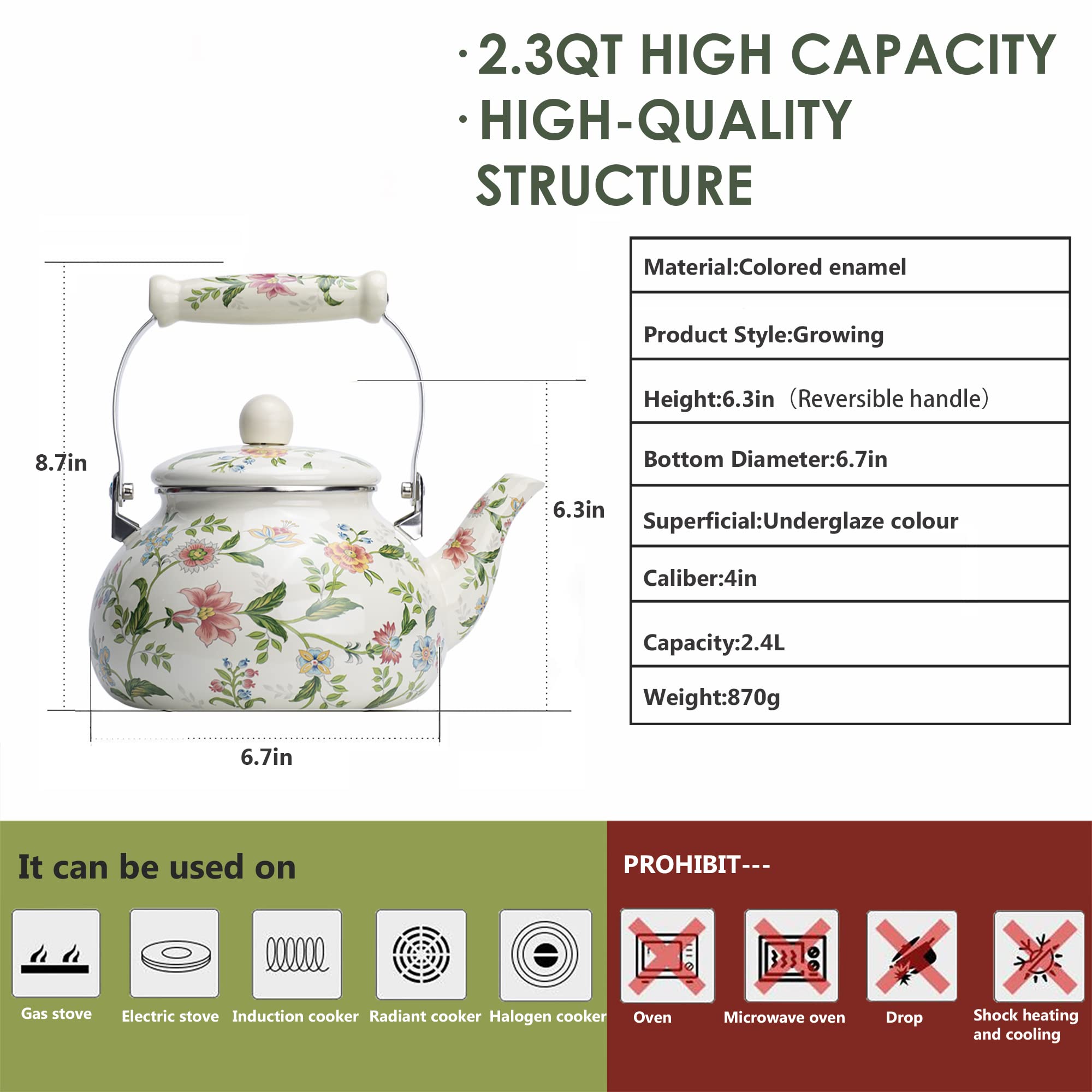 OLYTARU Enamel Teapot floral,Large Porcelain Enameled Teakettle,Colorful Water Tea Kettle pot for Stovetop,Small Retro Classic Design (style01 Growing)