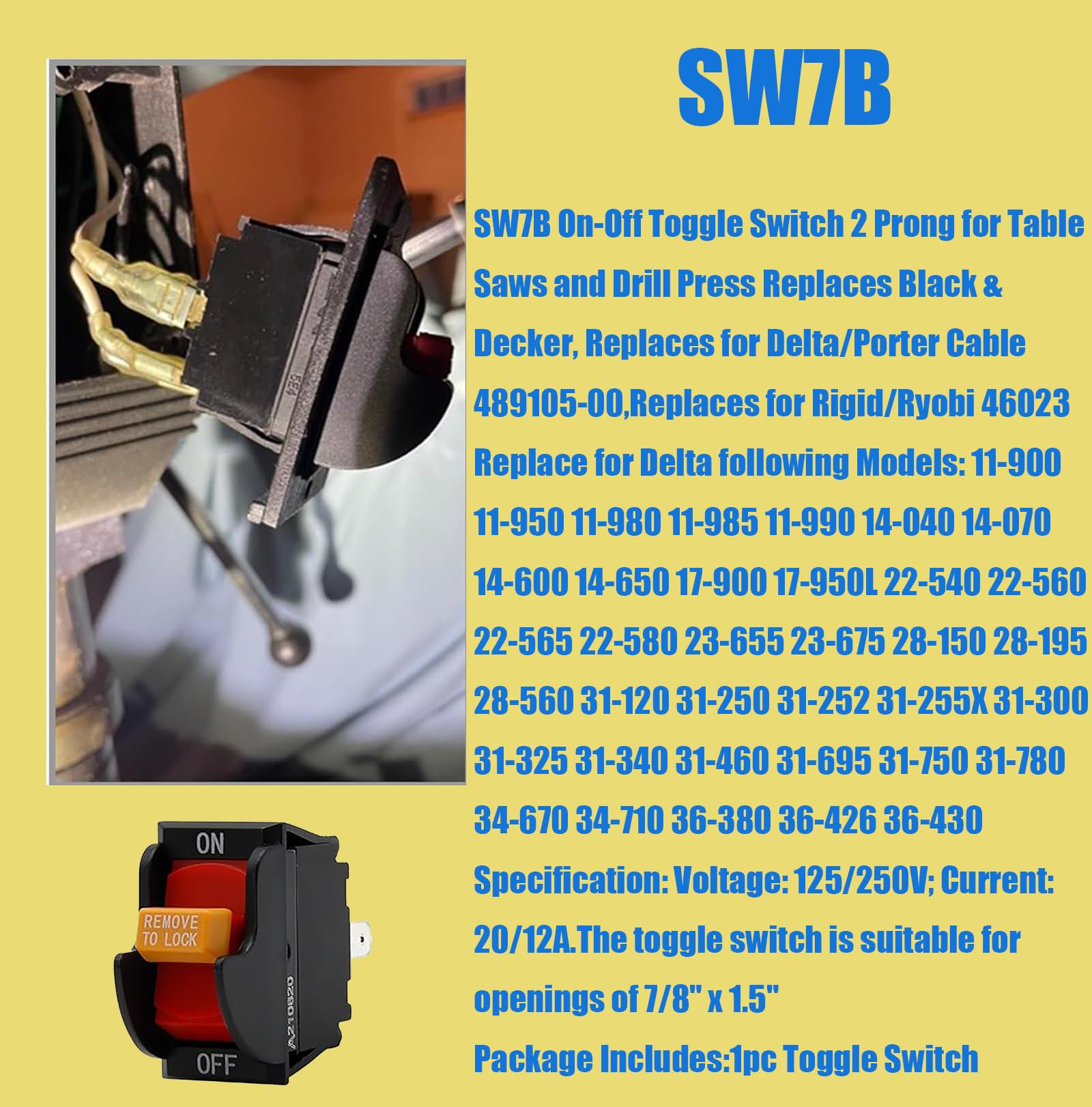 SW7B On-Off Toggle Switch 2 Prong ,Replacment for Delta,Aftermarket Replacment for Ryobi 46023 Delta/Porter Cable 489105-00 438010170141, for Table Saws Drill Press Power Tools Planer Band Saw