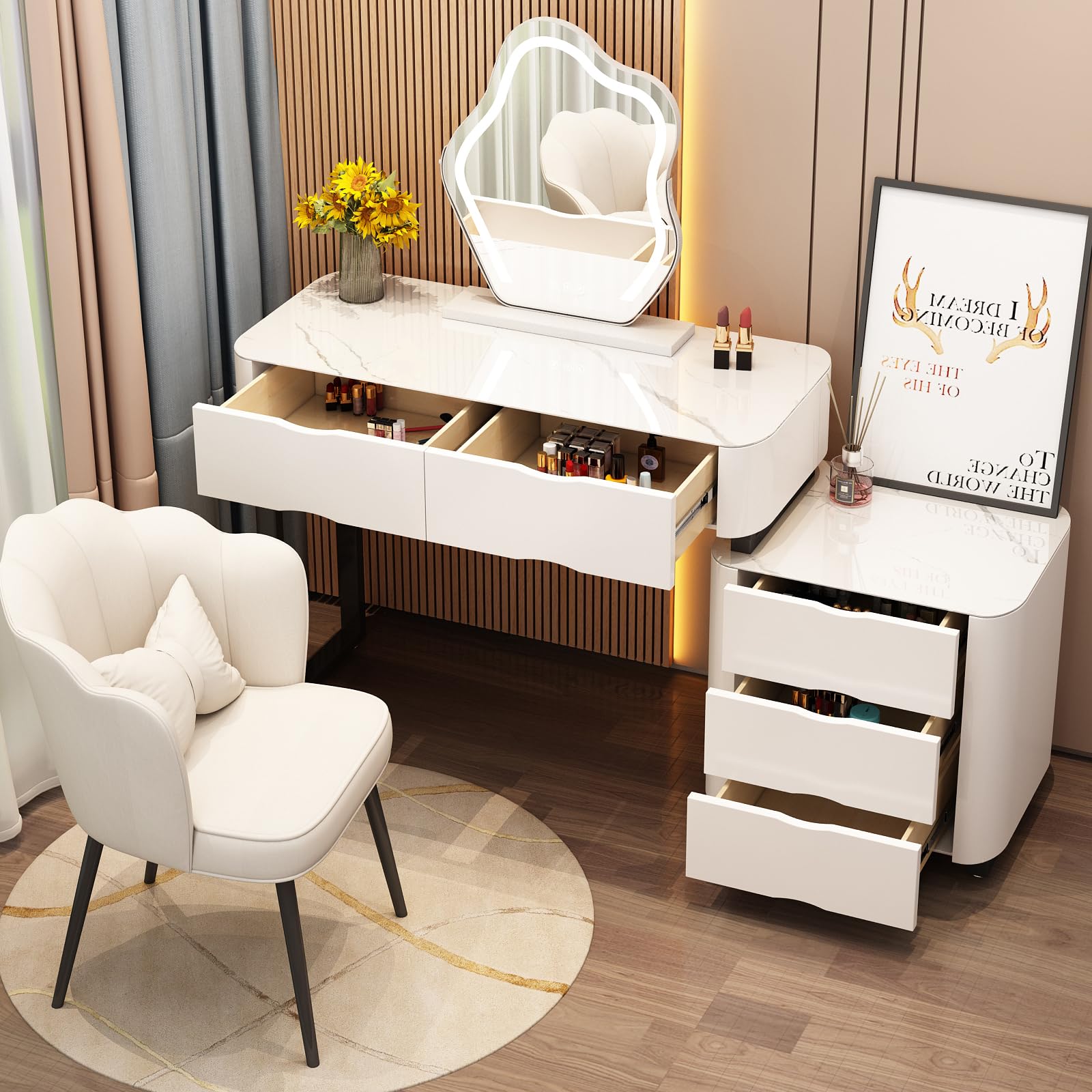 Hunlyman Makeup Vanity Desk, Modern Style Makeup Table Made of Solid Wood,Including Rotatable/Removable Touch Screen HD LED Mirror(3-Brigntness) and Soft Chair,Family Bedroom (39 Inch/100CM)